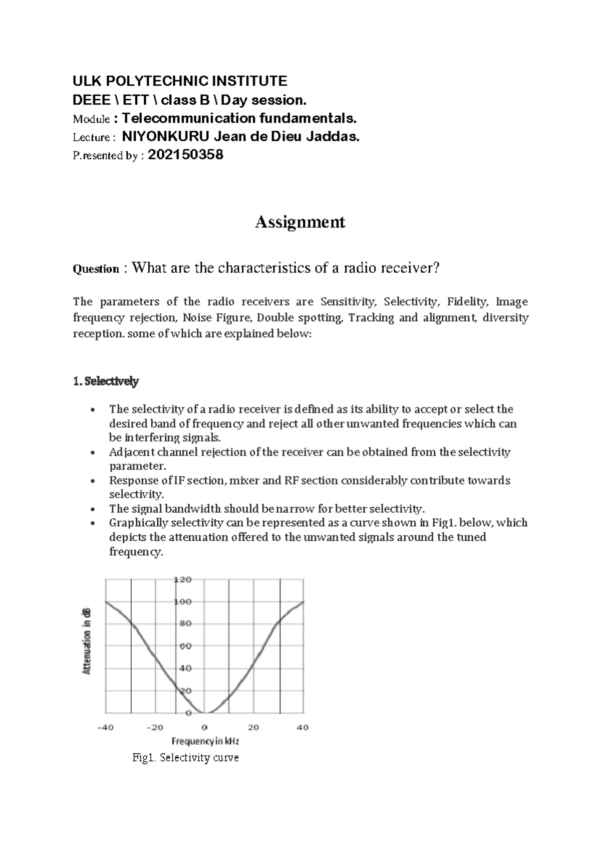 Telecom assignment - radio receiver charachteristics - ULK POLYTECHNIC ...