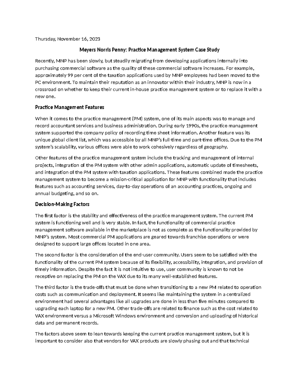 MNP Practice Management System Case Study Analysis - Studocu