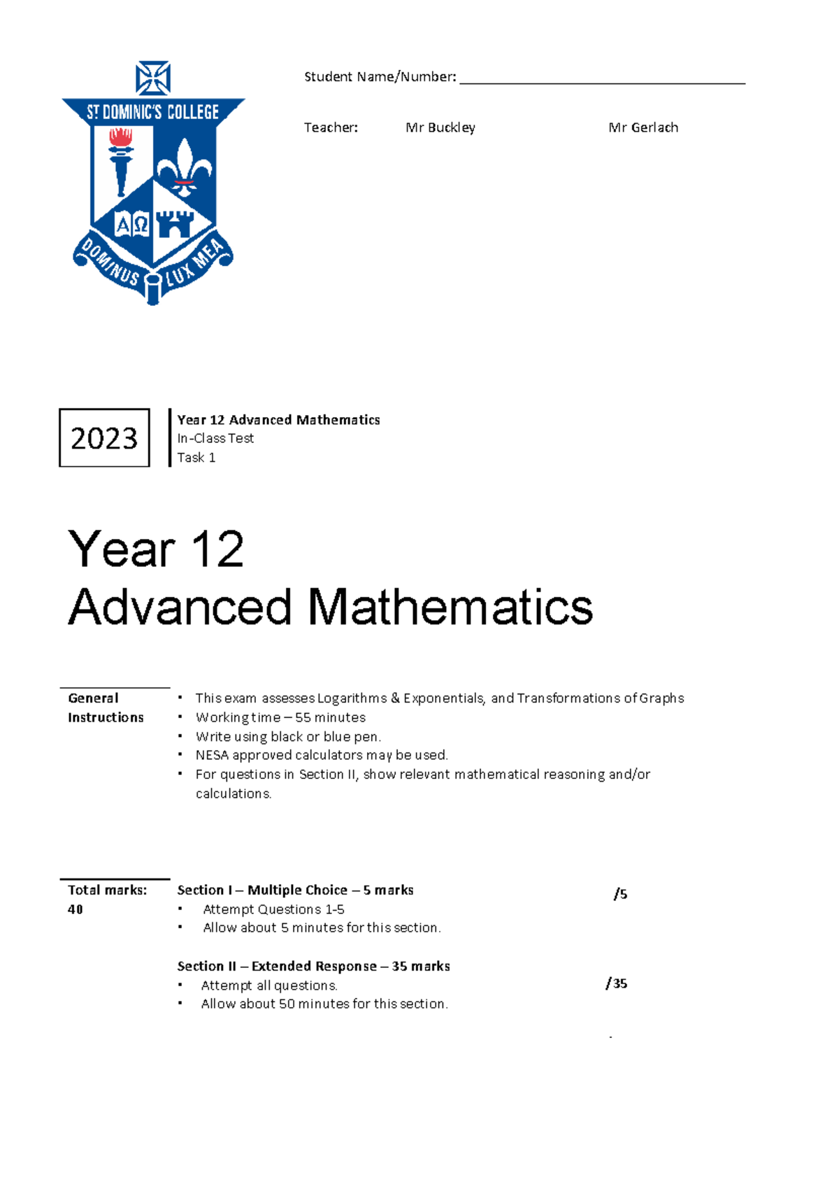 Year 12 Adv Math Task 1: Logarithms, Exponentials & Graphs Exam - Studocu