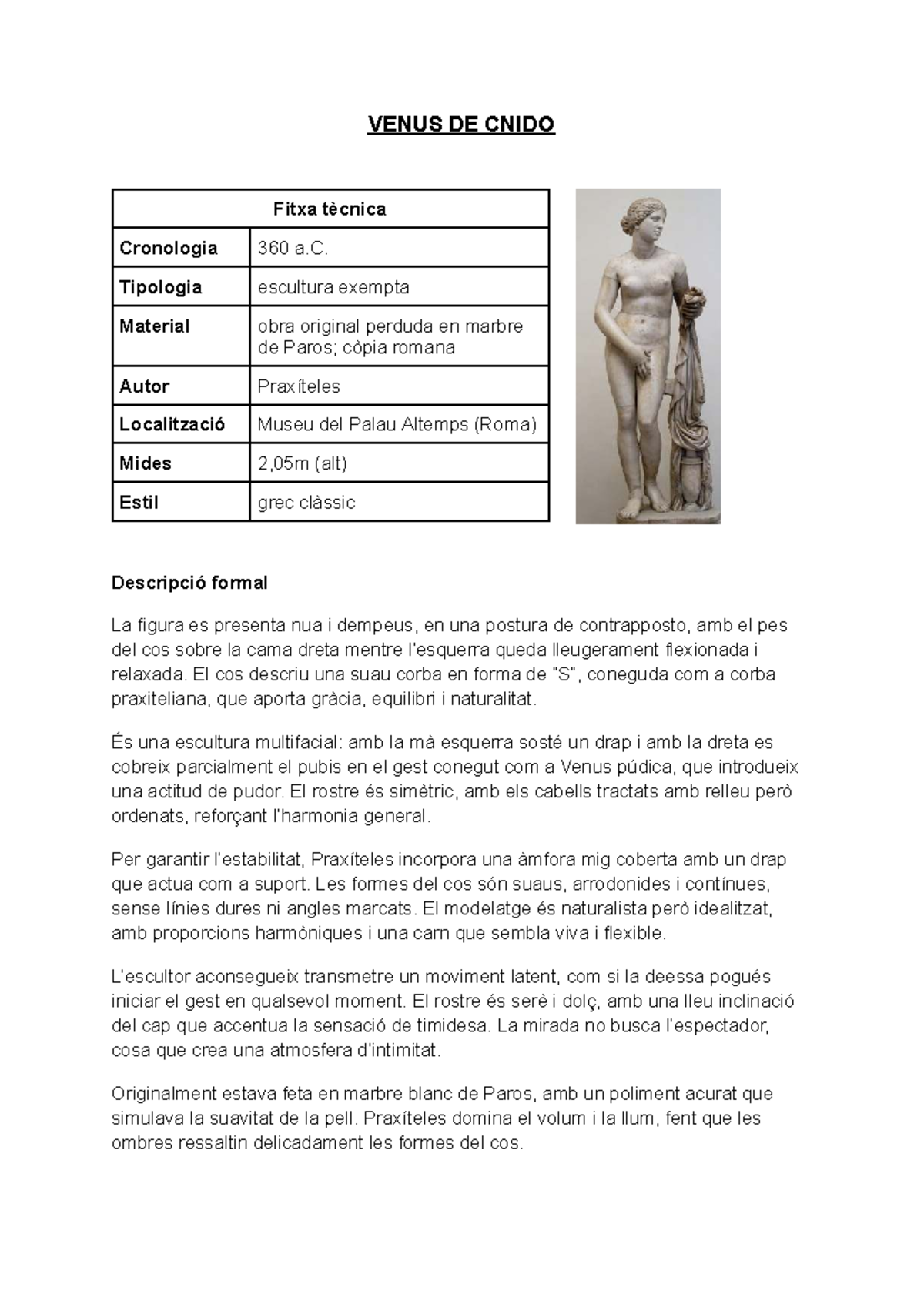 Fitxa Tècnica: Venus de Cnido - Escultura de Praxíteles - Studocu