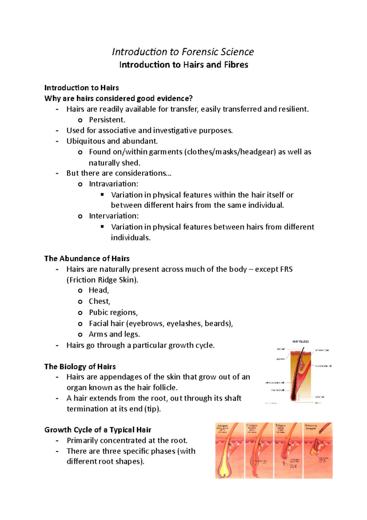 Forensic Science: Hairs and Fibres Overview for Course Codes FS101 ...