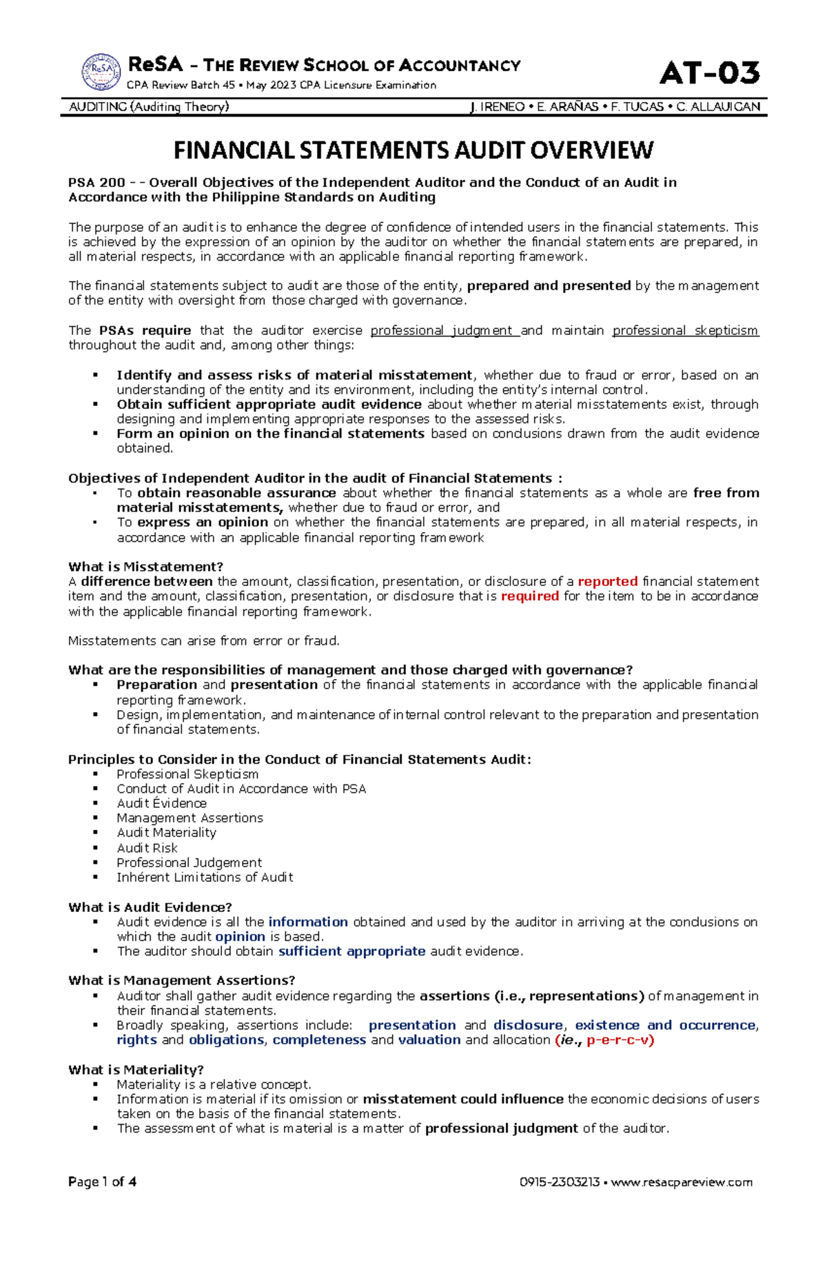 AT 03 FS Audit Overview - Practice Tests - ReSA - THE REVIEW SCHOOL OF ...