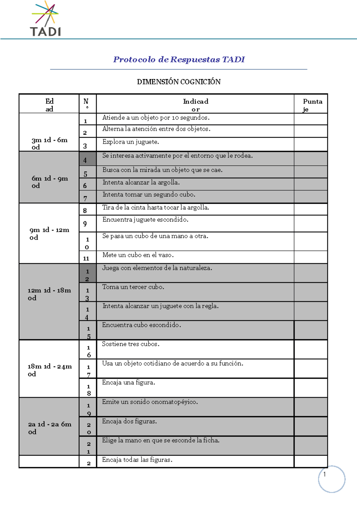 Protocolo de Evaluación TADI: Dimensiones Cognición, Motricidad ...