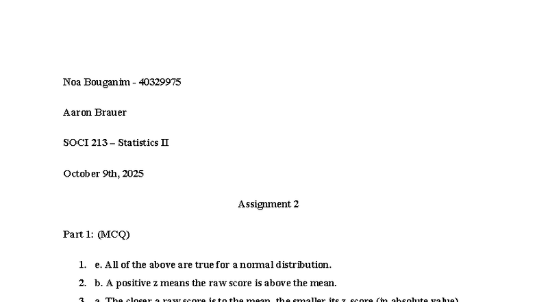 SOCI 213 - Statistics II Assignment 2: Normal Distribution Analysis ...