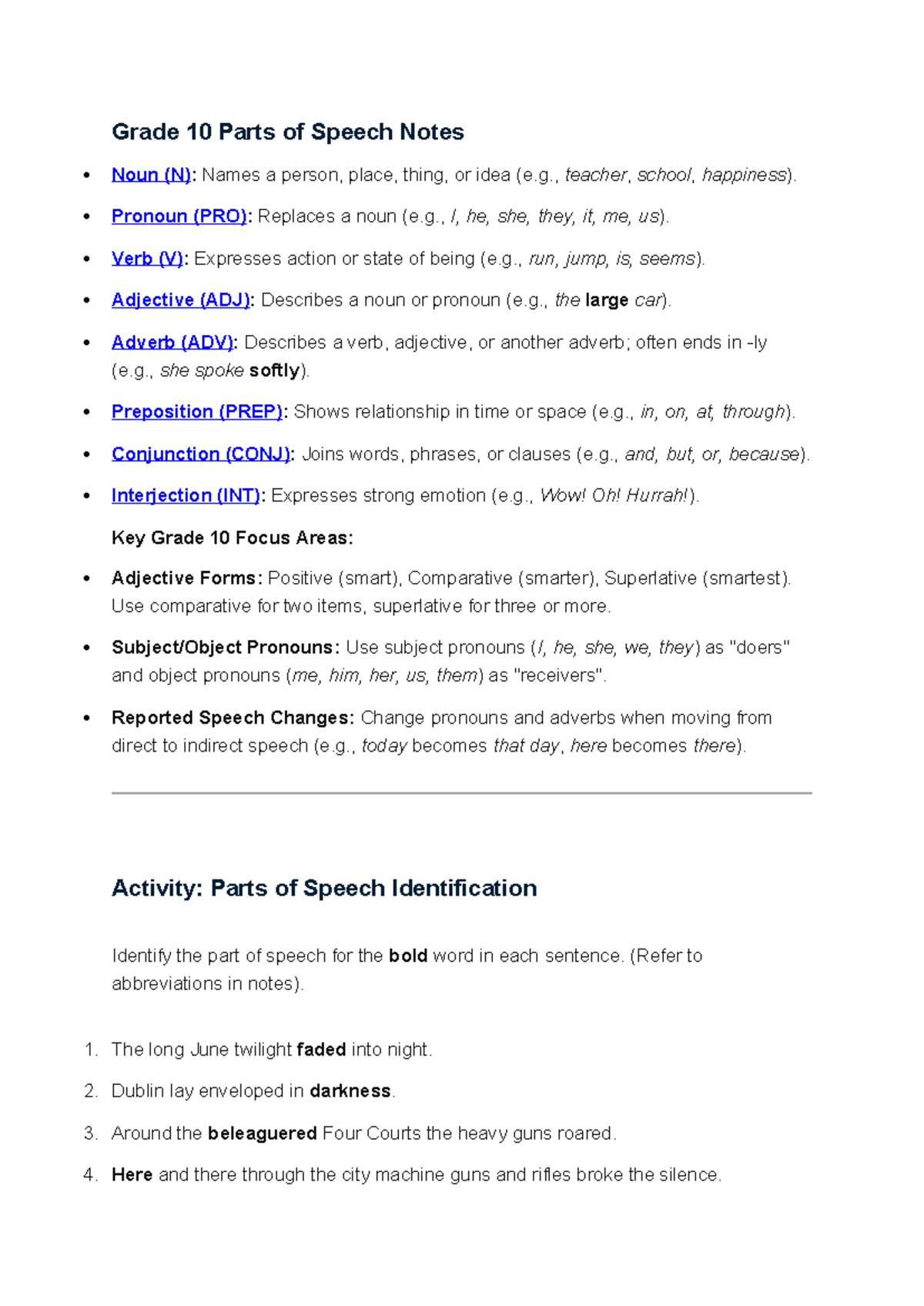 Grade 10 Parts of Speech: Comprehensive Study Notes - Studocu