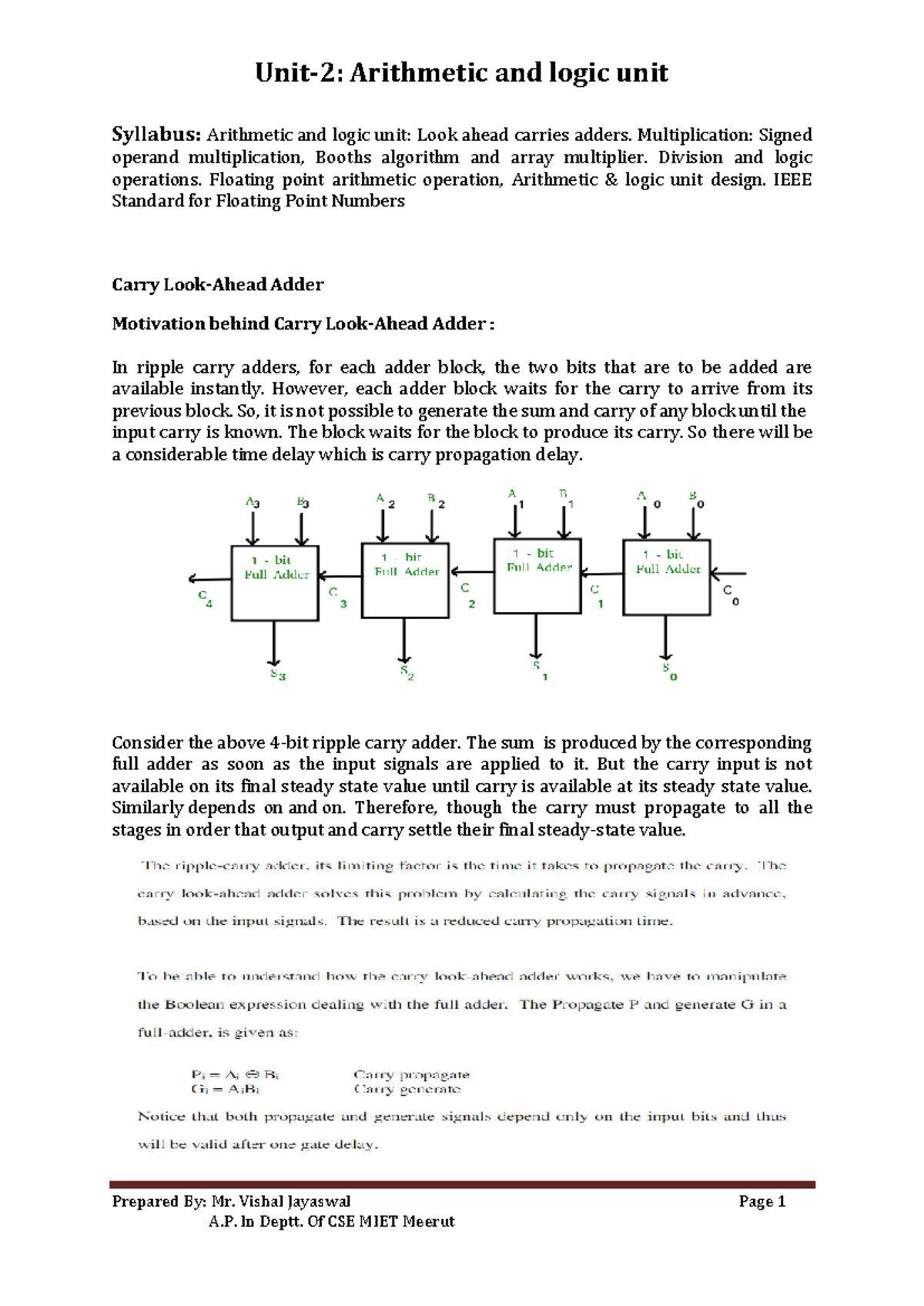 UNIT-2 Notes on Arithmetic Logic Unit: KCS-302 - Studocu