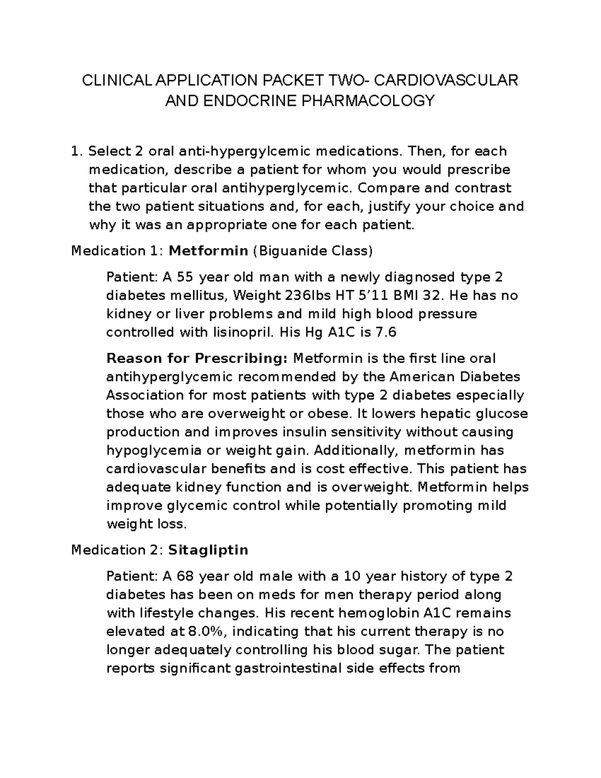 Clinical Application Packet #2: Cardiovascular & Endocrine Pharmacology ...