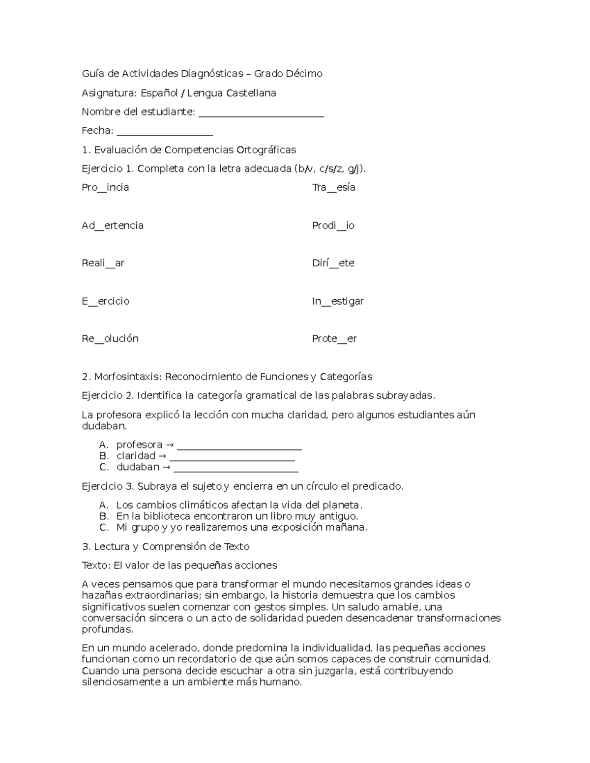 Prueba Diagnóstica 10: Actividades de Español y Comprensión Textual ...