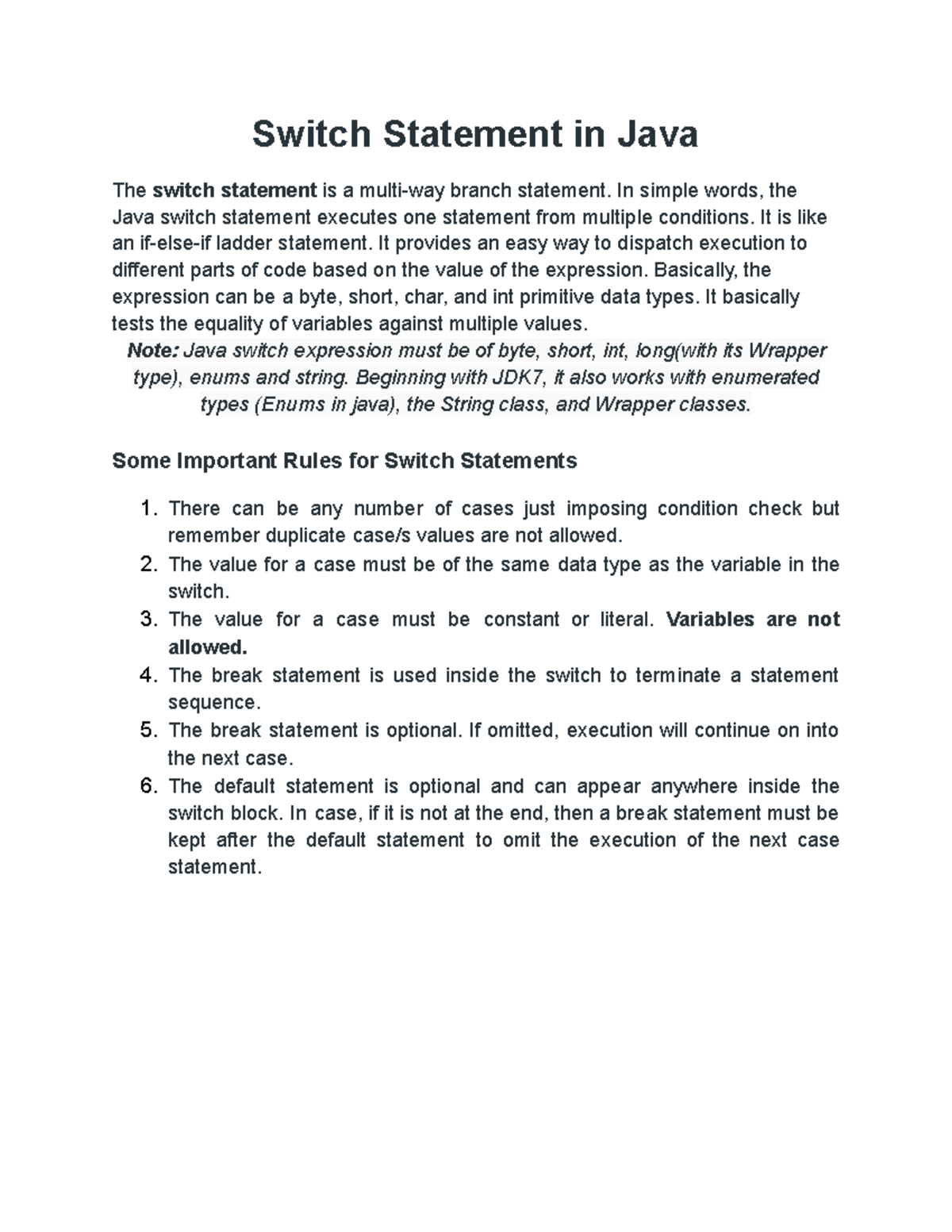 Java Switch Statement: Overview, Rules, and Examples - Studocu