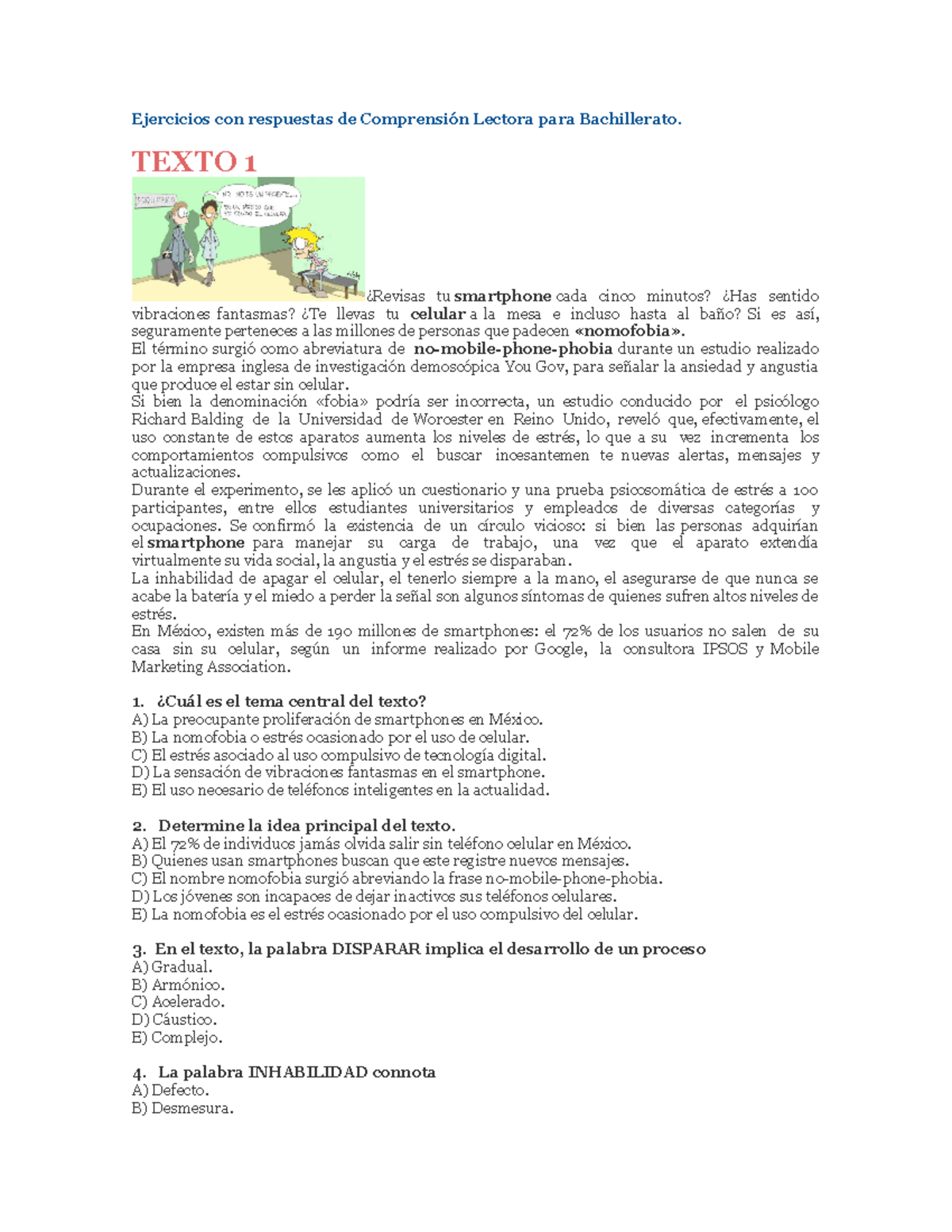 Ejercicios con respuestas de Comprensión Lectora para Bachillerato - TEXTO 1 ¿Revisas tu ...
