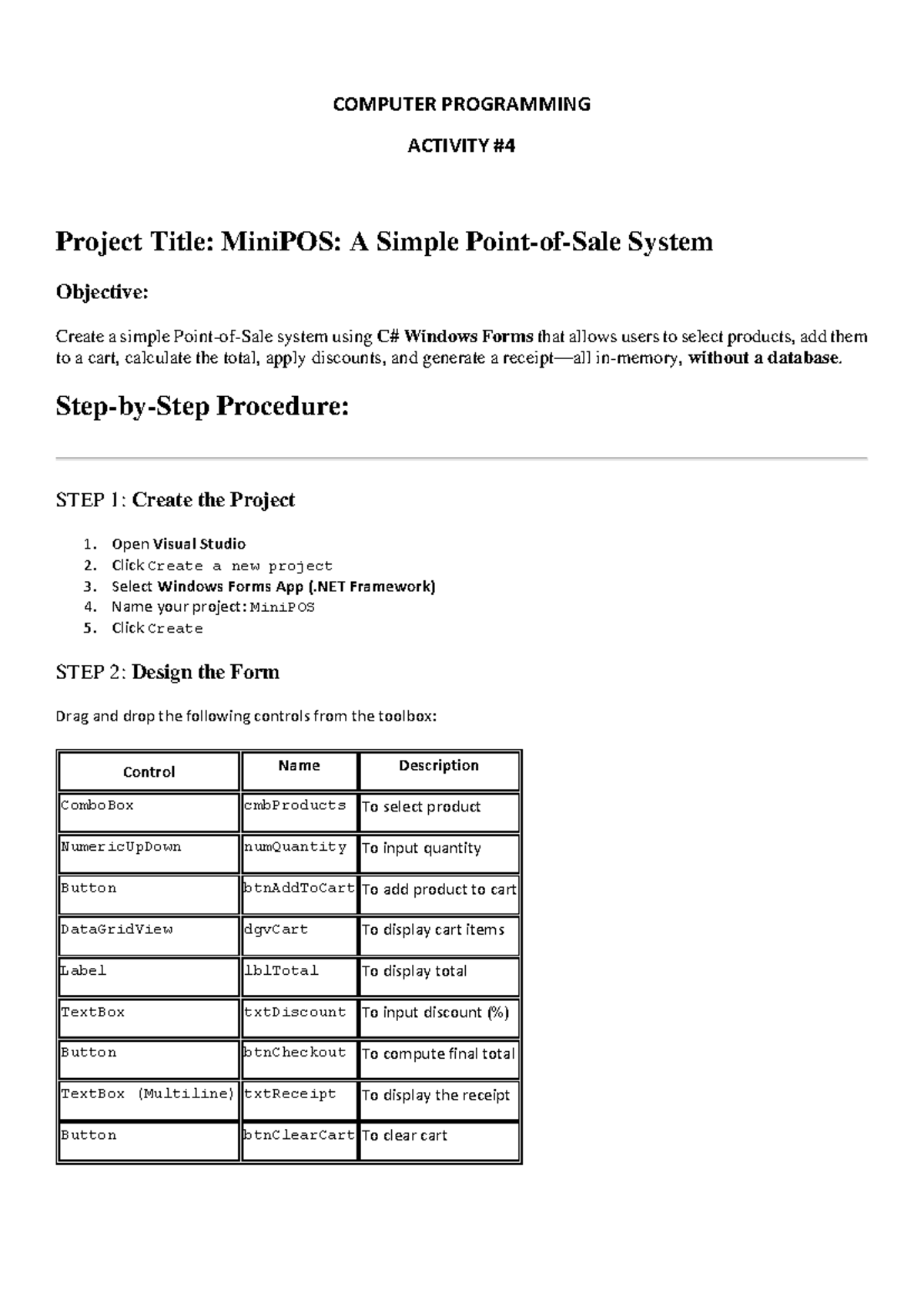 COMP 101: MiniPOS Project - Simple System Development Guide - Studocu