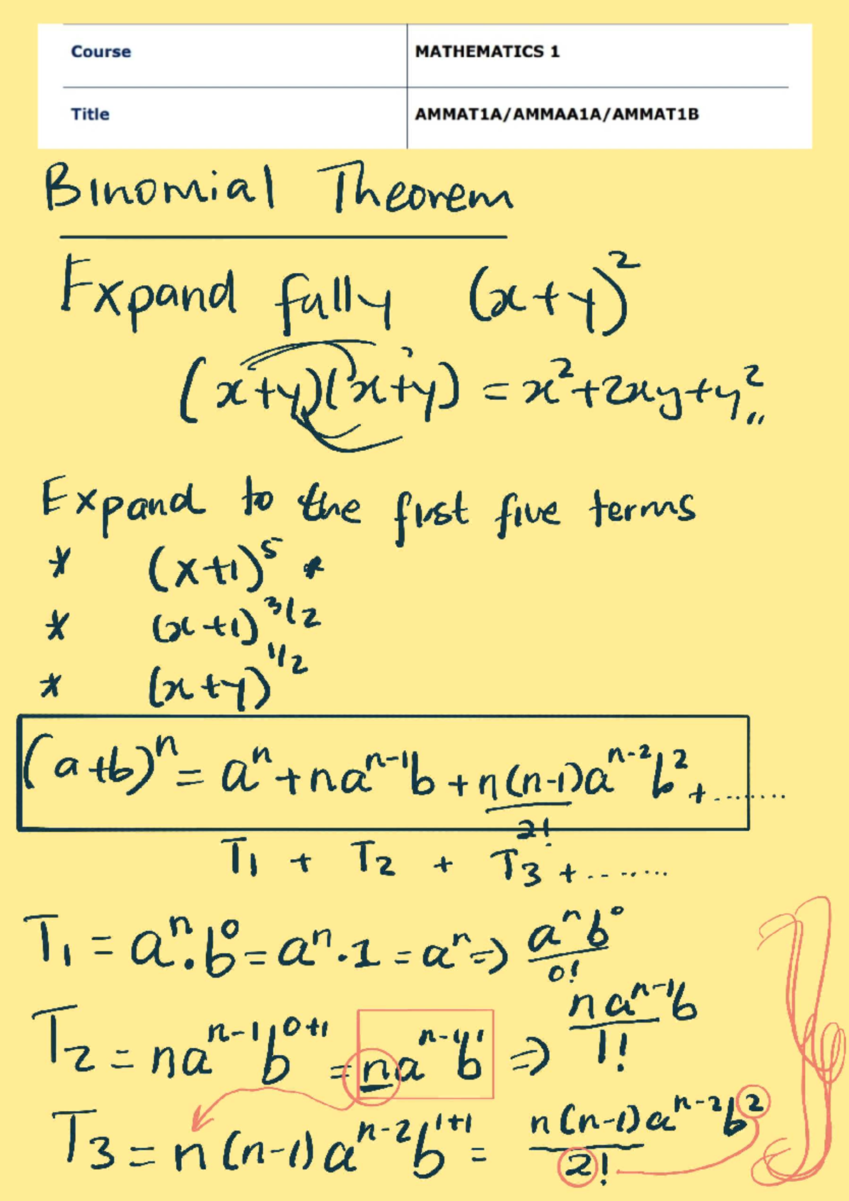 Binomial Expansion Notes for MATHEMATICS 1 - First Five Terms - Studocu