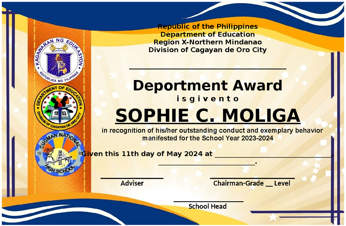 Deportment award - Republic of the Philippines Department of Education ...