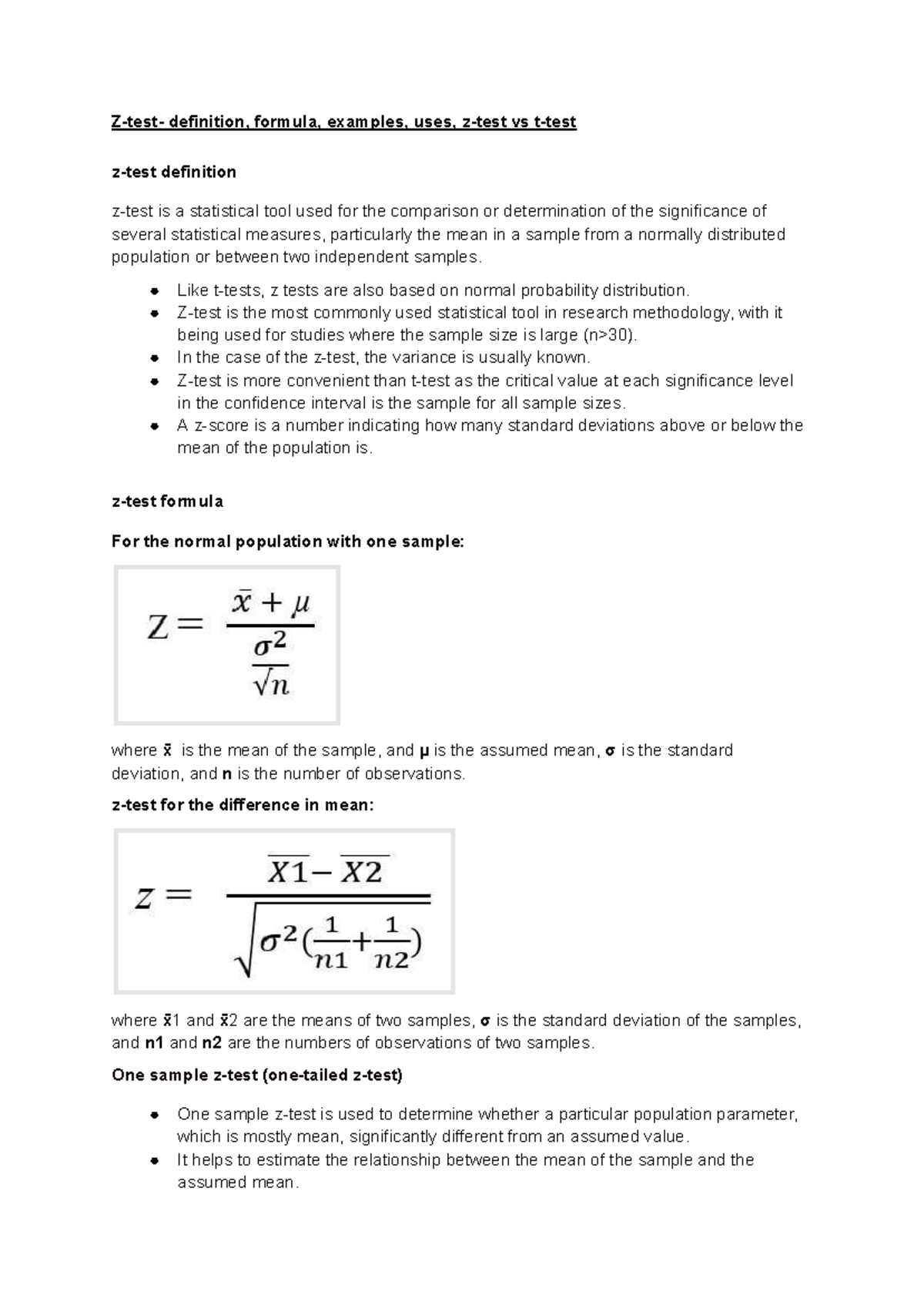Research Methodology - Z-Test vs T-Test Explained - Studocu