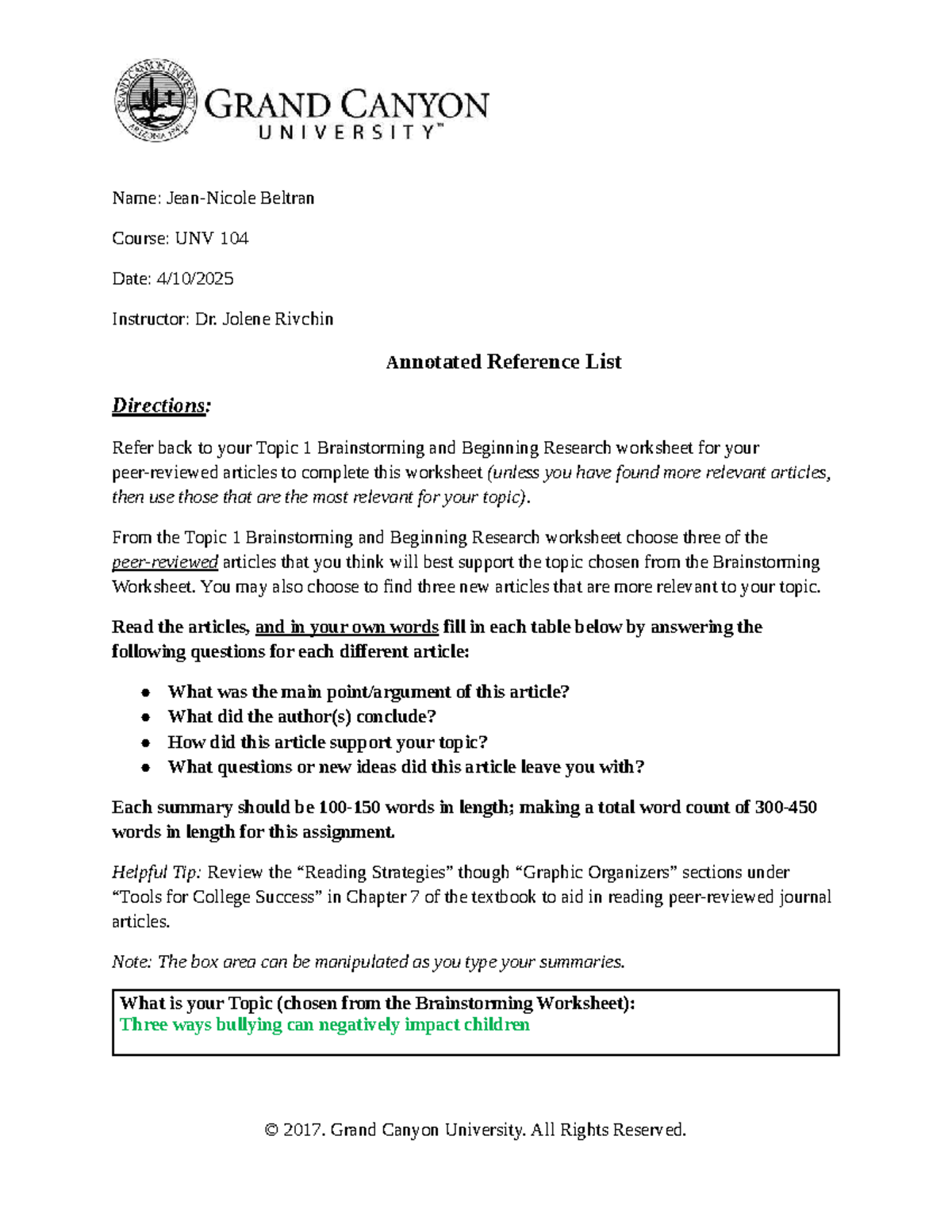 Annotated reference list for UNV 104: Three ways bullying impacts ...