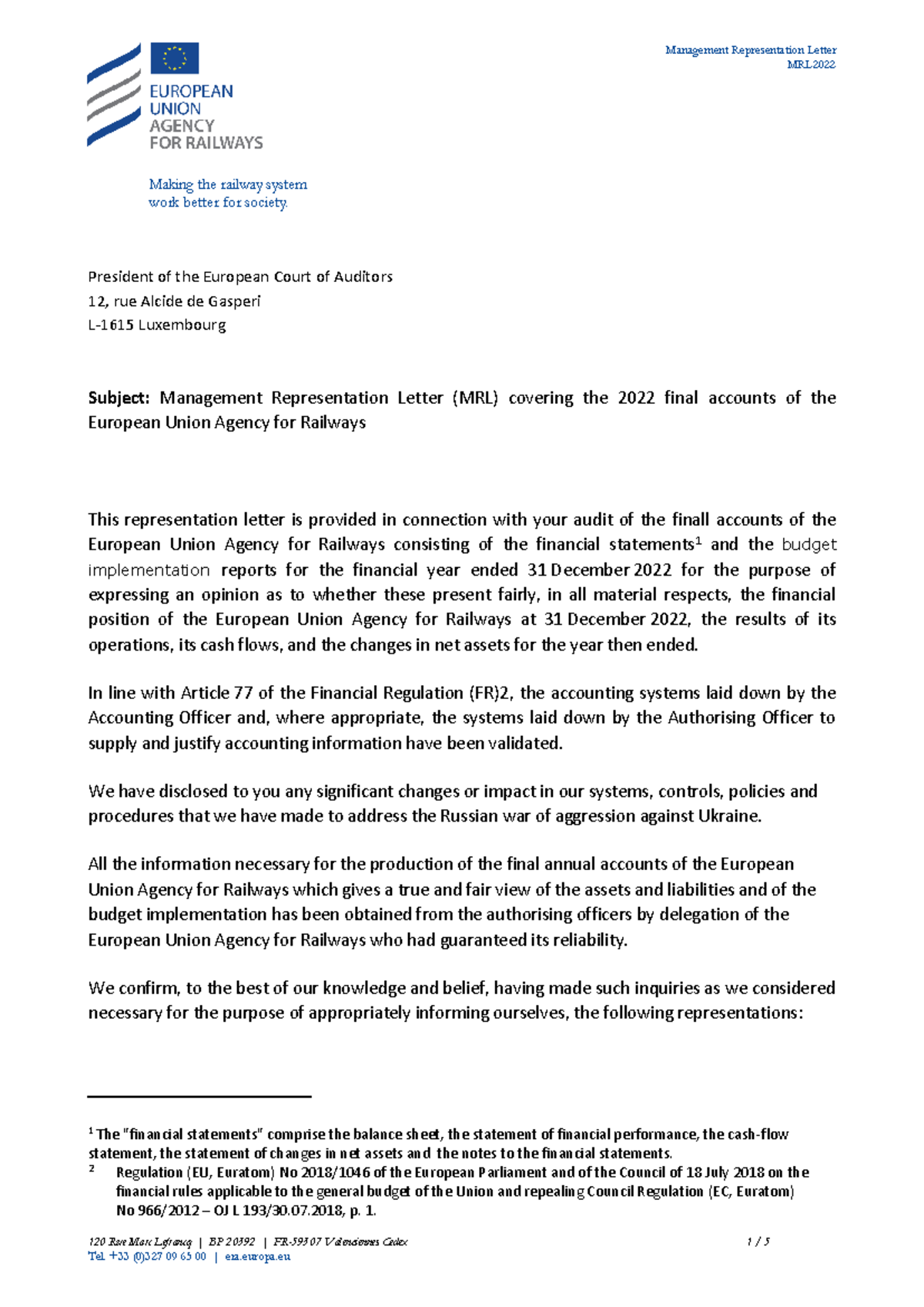 MRL2022 Management Representation Letter for EU Agency Railways Final ...