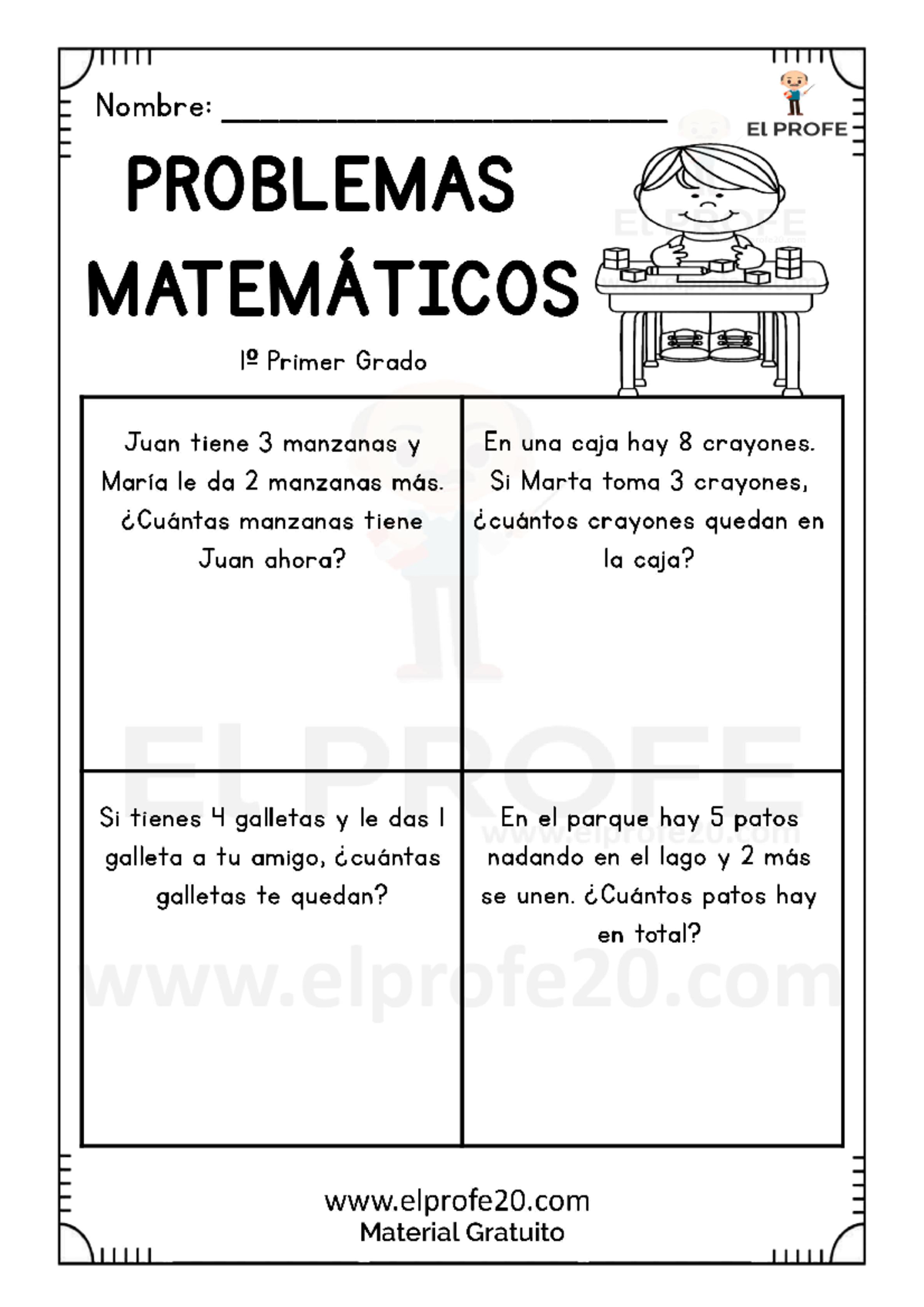 Cuadernillo de Problemas Matemáticos - Primer Grado (ElPROFE 20) - Studocu