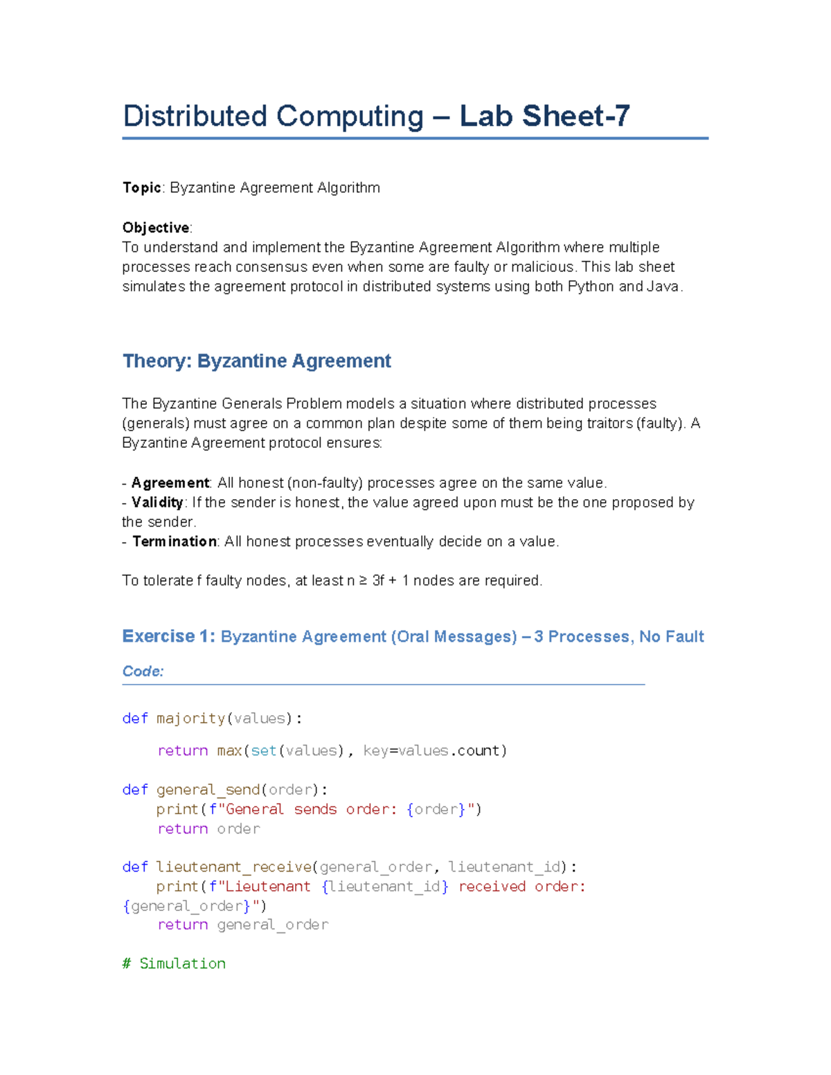 Lab Sheet: Byzantine Agreement Algorithm (CS 101) - Studocu