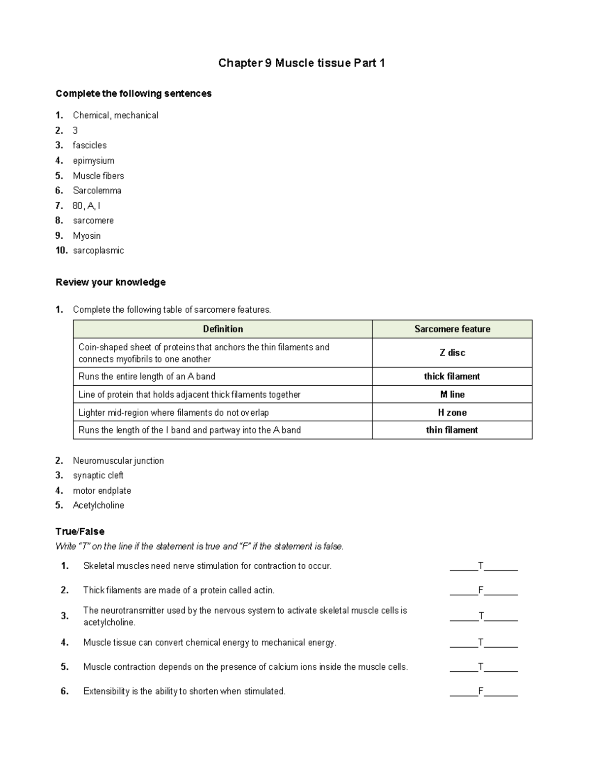 Chapter 9 Muscle Tissue Part 1 Answer Key and Review - Studocu