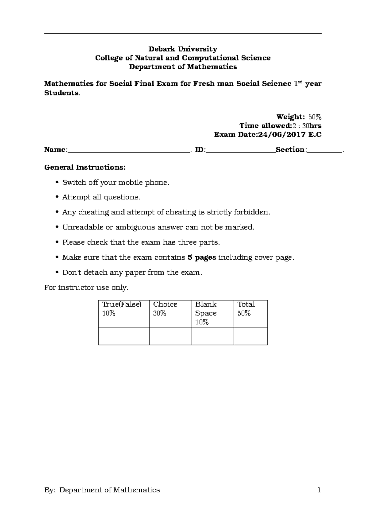 Mathematics for Social Science Final Exam (MATH 101) - Freshman Year ...