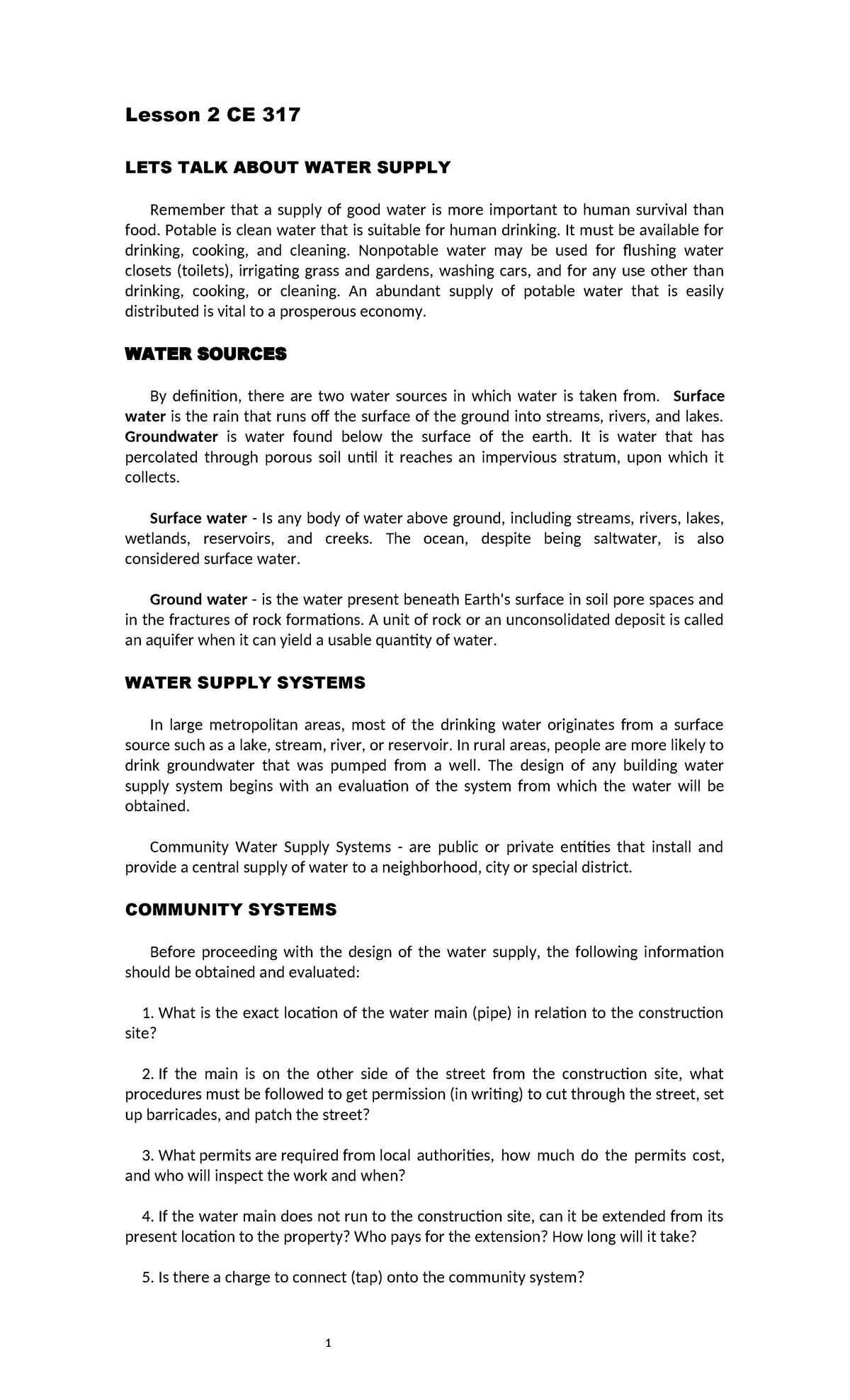 Lesson 2 CE 317 - Understanding Water Supply and Plumbing Systems - Studocu