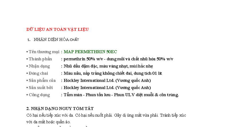 MSDS Thuốc Phun Diệt Côn Trùng: MAP PERMETHRIN 50EC - Studocu