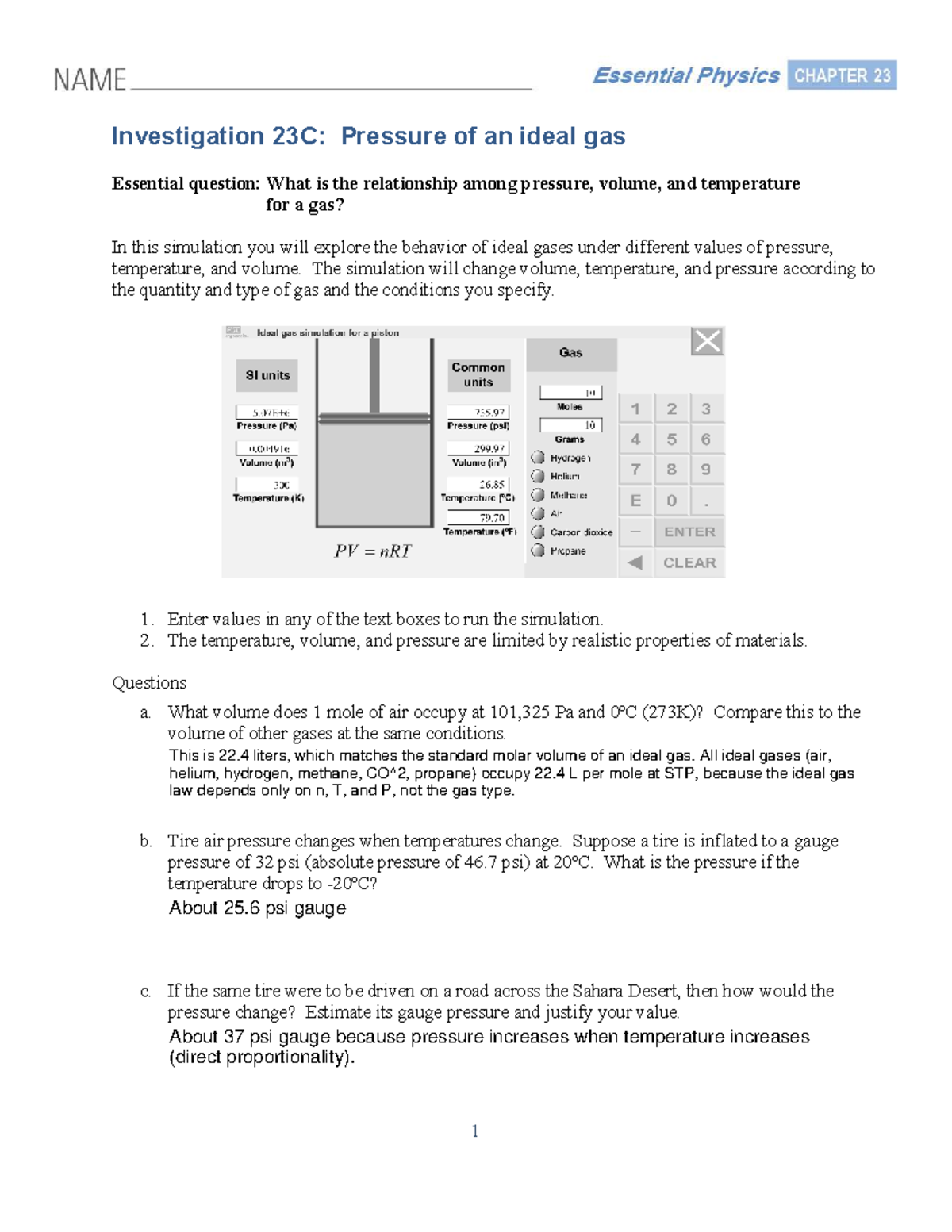 Pressure and the Ideal Gas Law Assignment 23C: Exploring Gas Behavior ...