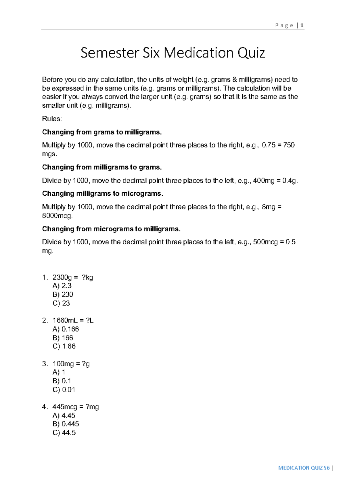 Semester 6 Medication Quiz: Med Calculations and Dosage Tests - Studocu