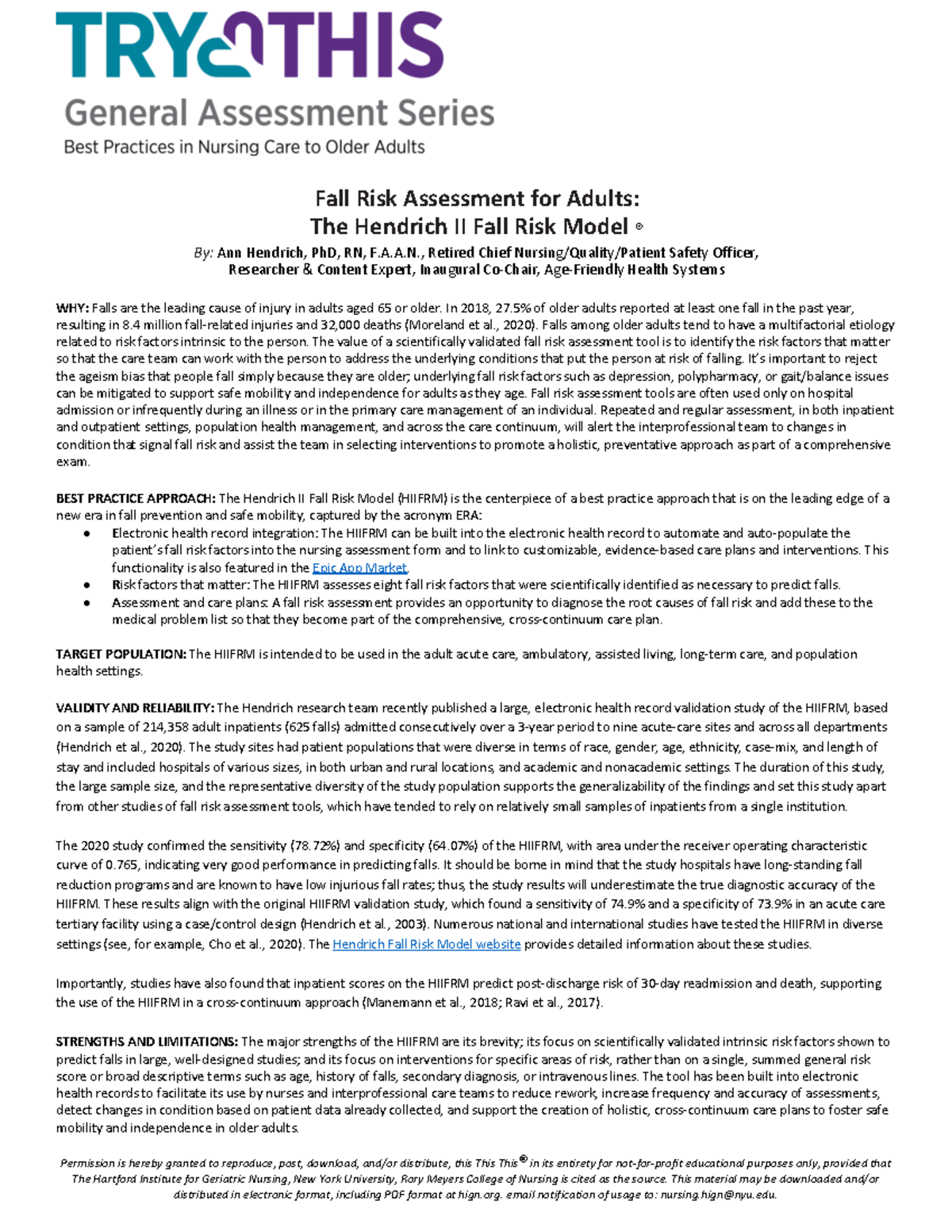 WEEK 8 - Hendrich II Fall Risk Model Assessment & Best Practices - Studocu