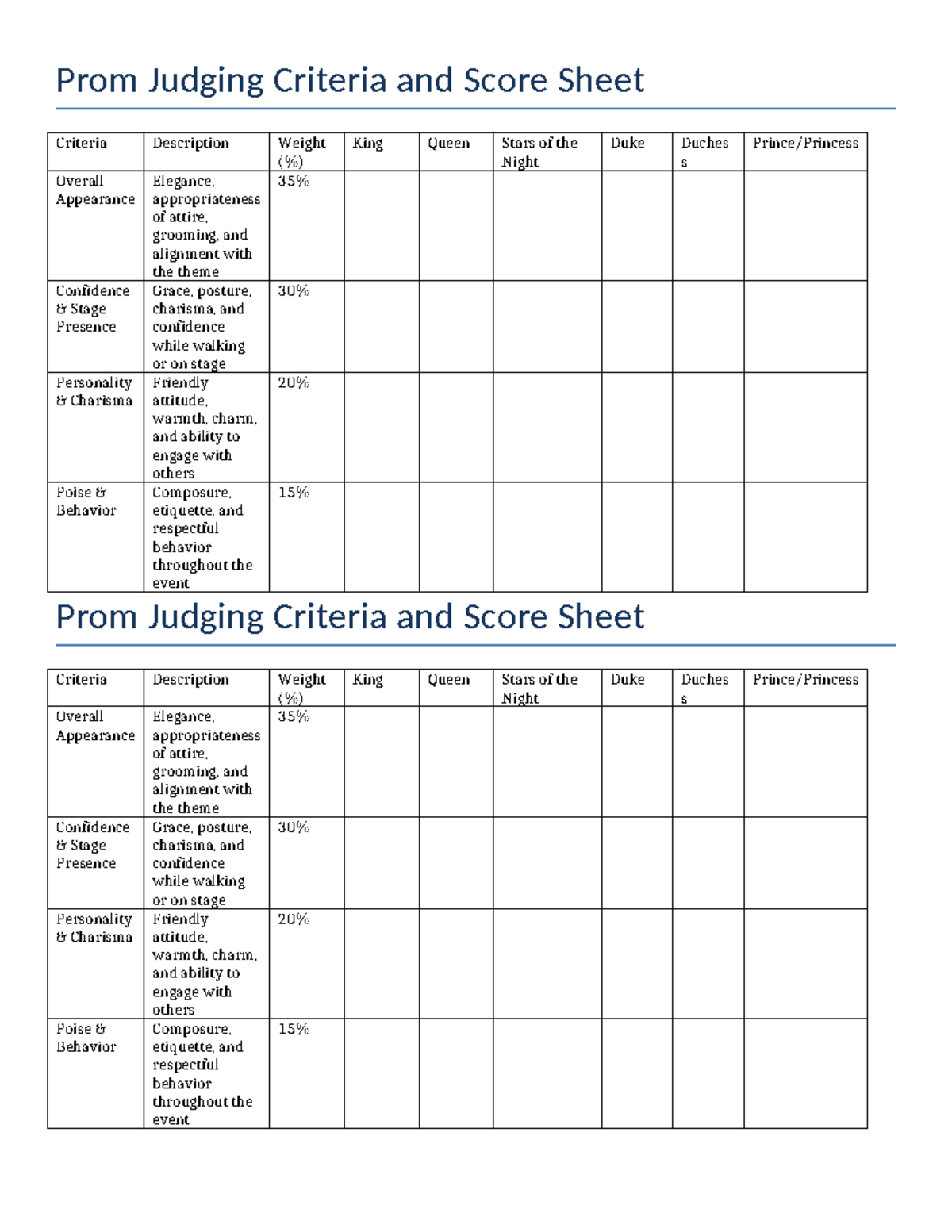 Prom Judging Criteria & Score Sheet for Event Evaluation - Studocu