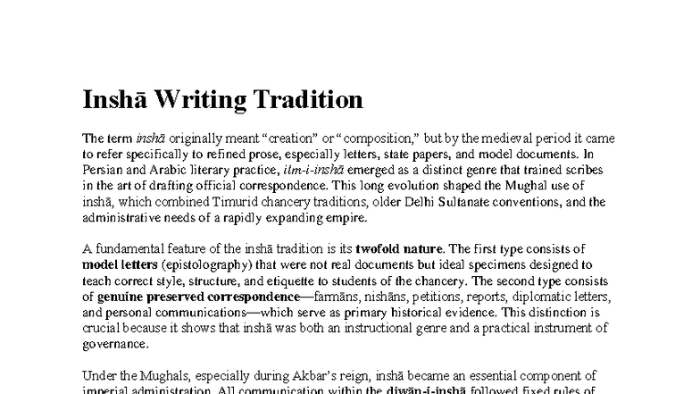 MUG 101: Inshā Writing Tradition in Mughal Administration - Studocu