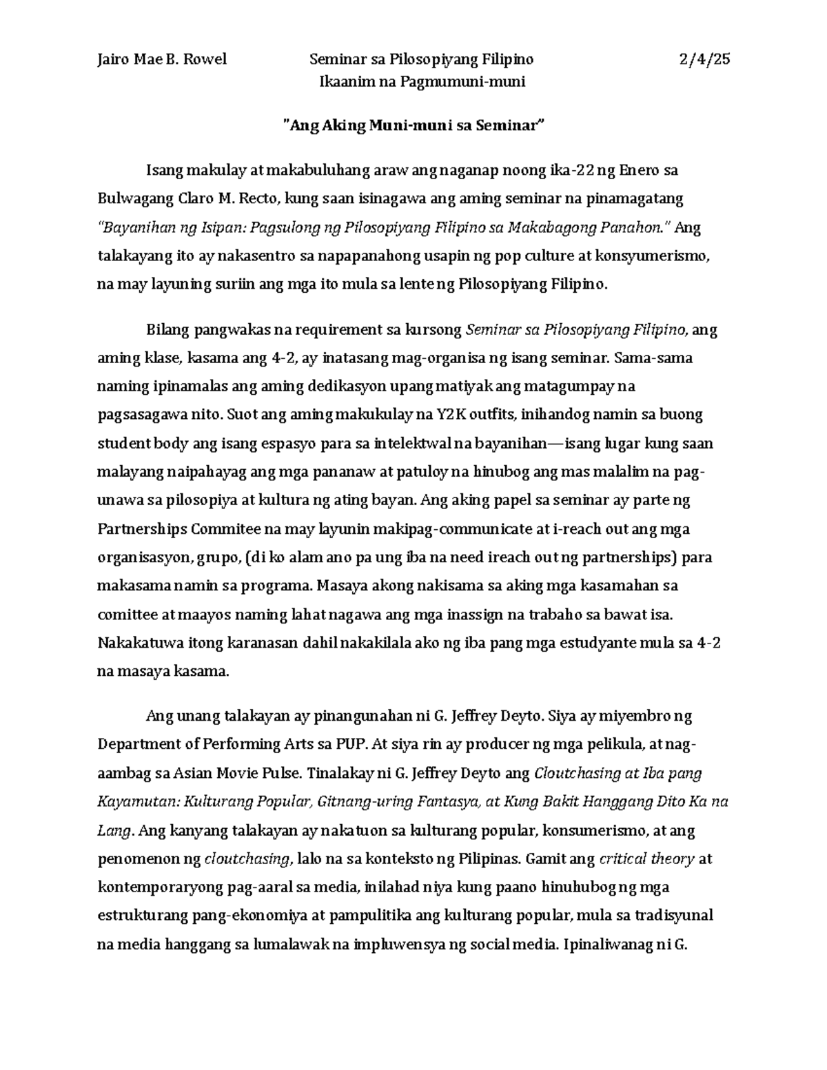 Pilosopiyang Filipino Seminar Reflection: Ikaanim na Pagmumuni-muni ...