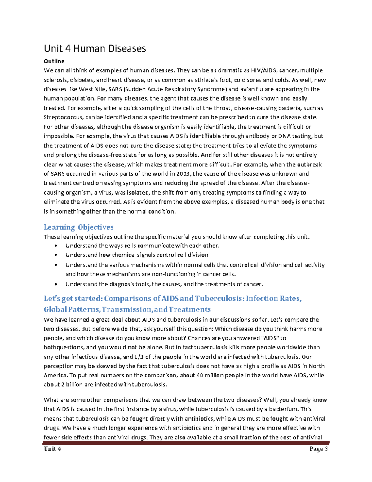 Unit 4: Human Diseases & Cancer Overview and Key Comparisons - Studocu