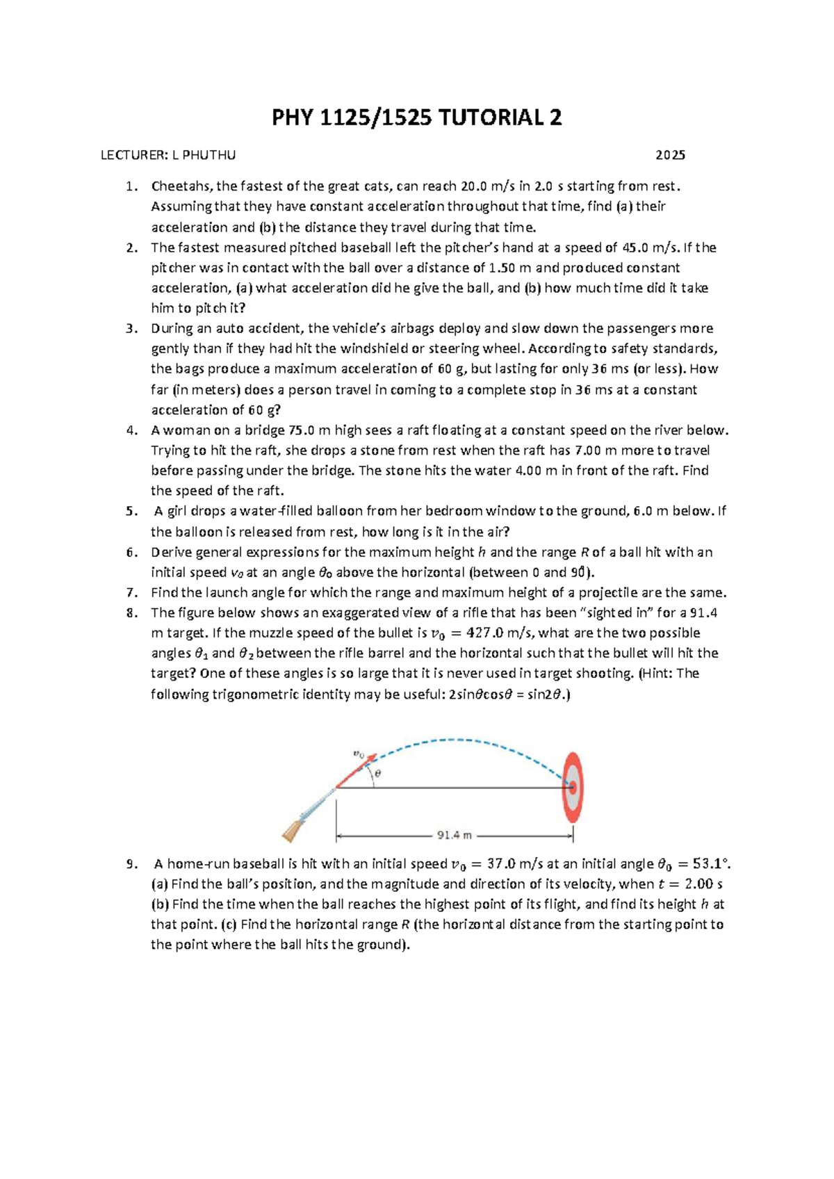 PHY 1125 Tutorial 2: Acceleration, Projectile Motion & Safety Analysis ...