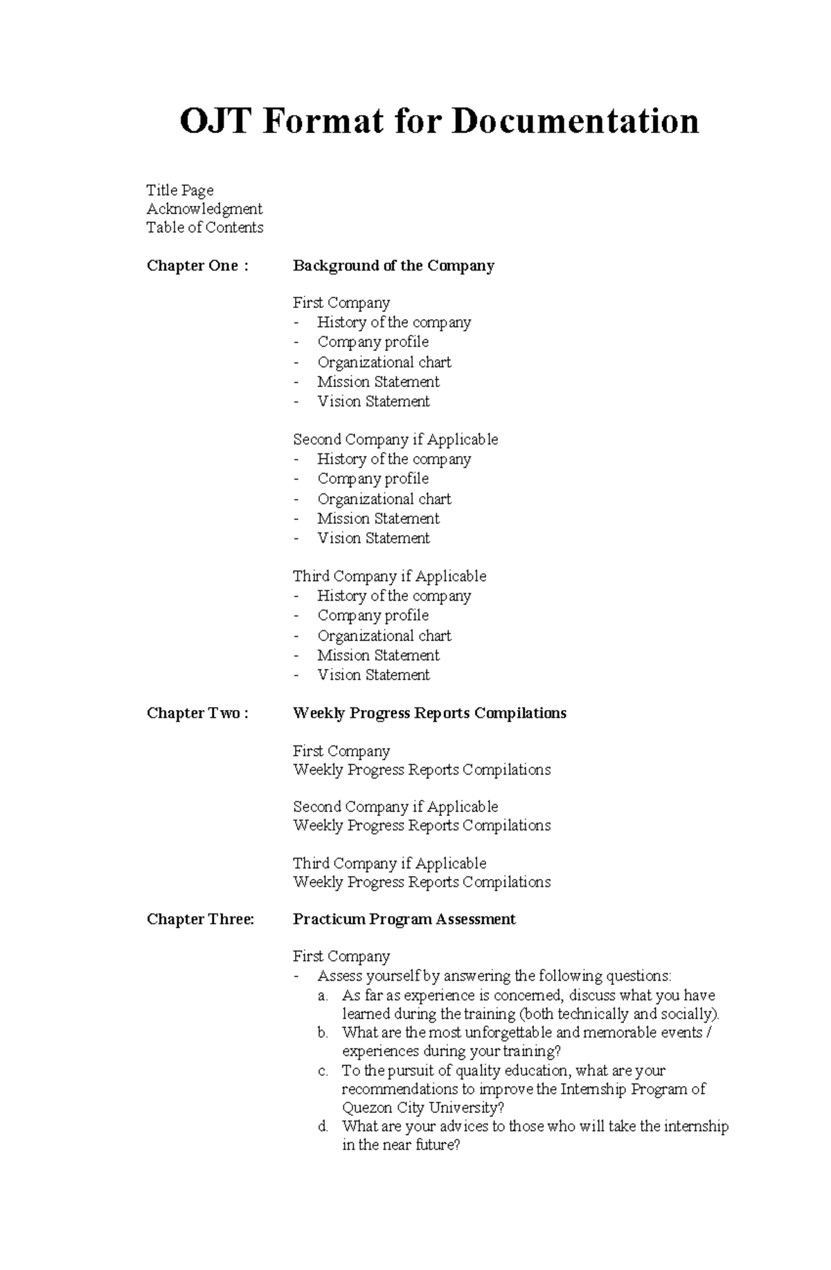 IE Documentation for OJT: Internship Report and Assessment Guide - Studocu