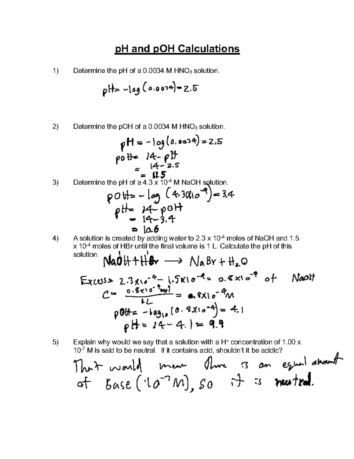 PH and pOH Calculations - Acid-Base Worksheet (Chem 101) - Studocu