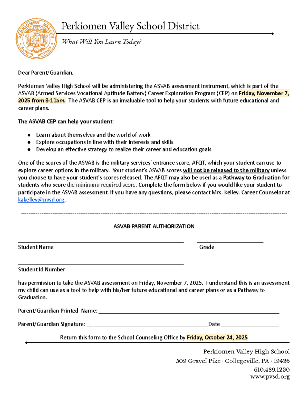 ASVAB Parent Authorization Form - Perkiomen Valley High School - Studocu