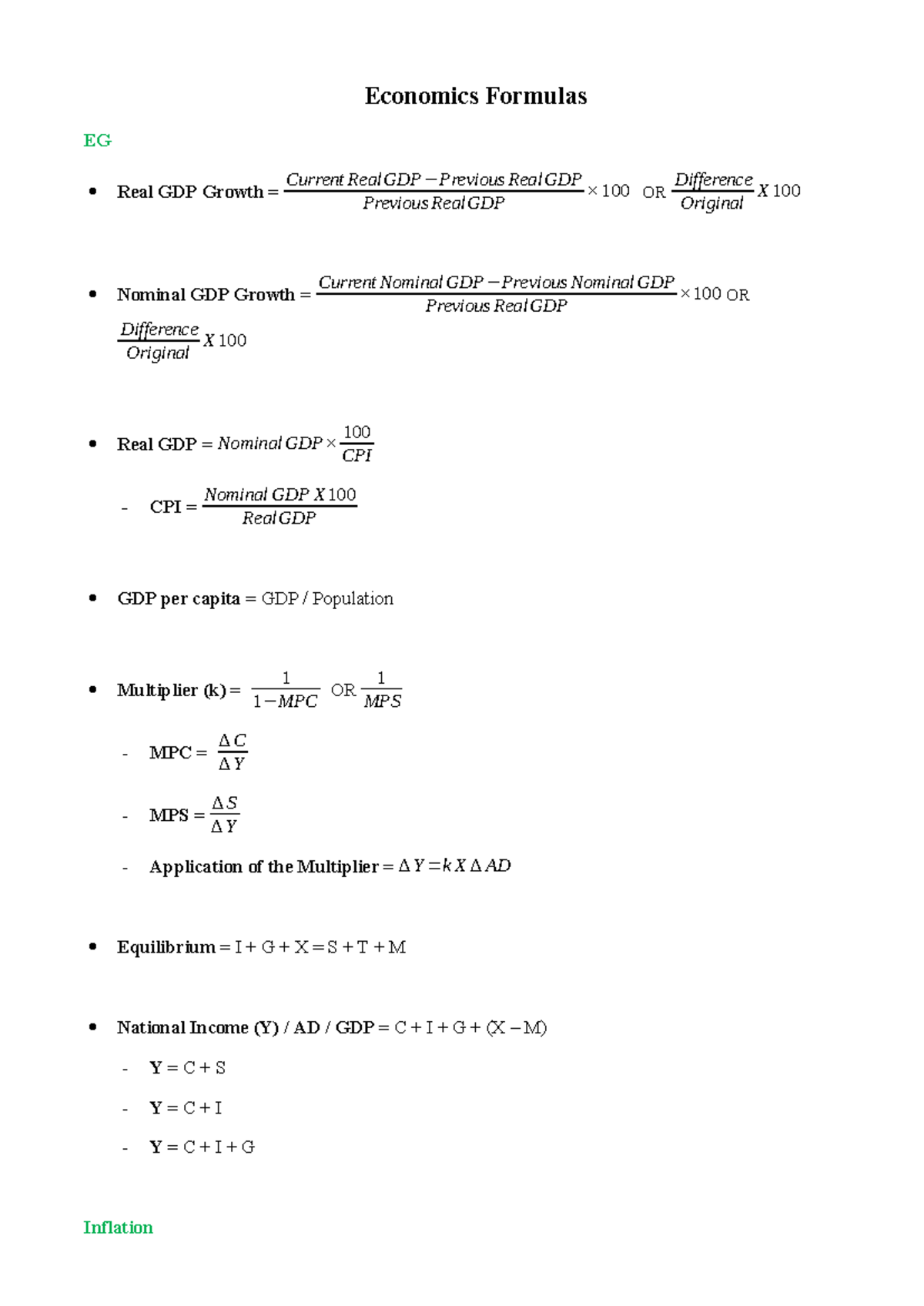 Economics Formulas Study Guide - EG 2023 - Studocu