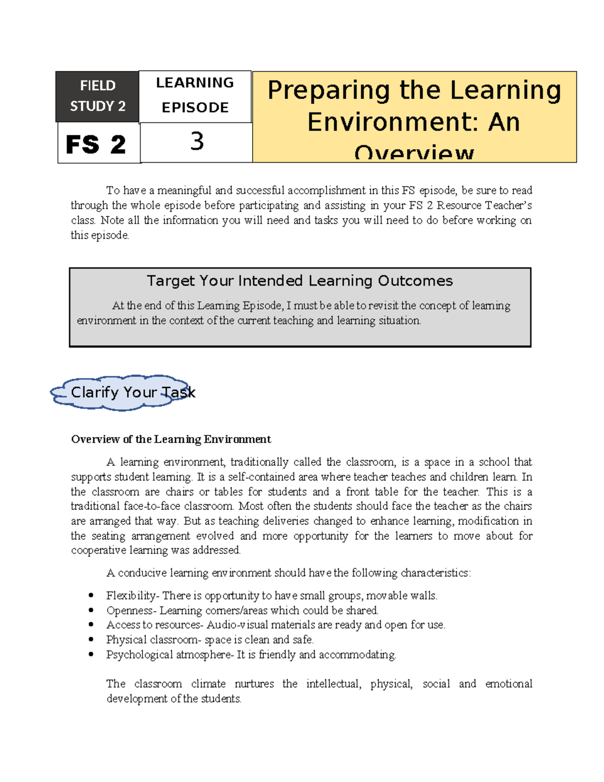 FS 2 Learning Episode 3: Preparing a Conducive Learning Environment ...