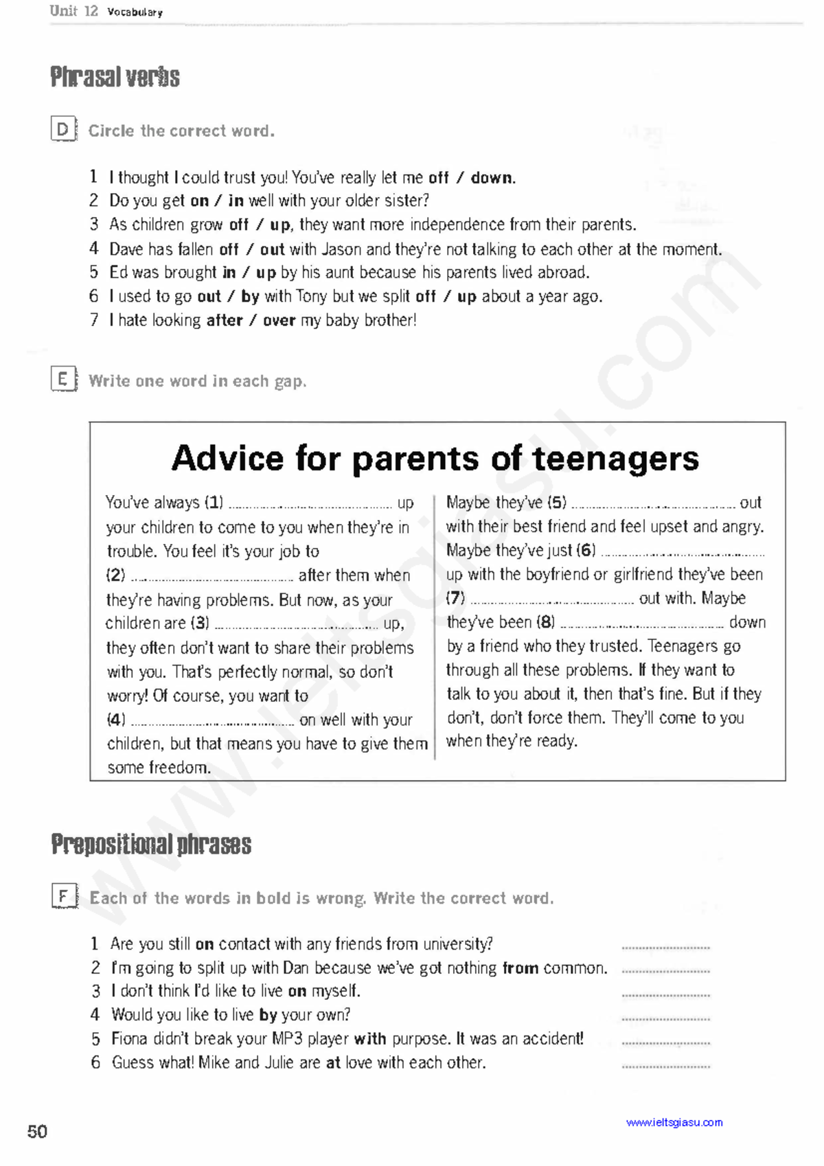 B1 2 - Unit 12 Vocabulary: Phrasal Verbs Practice Materials - Studocu