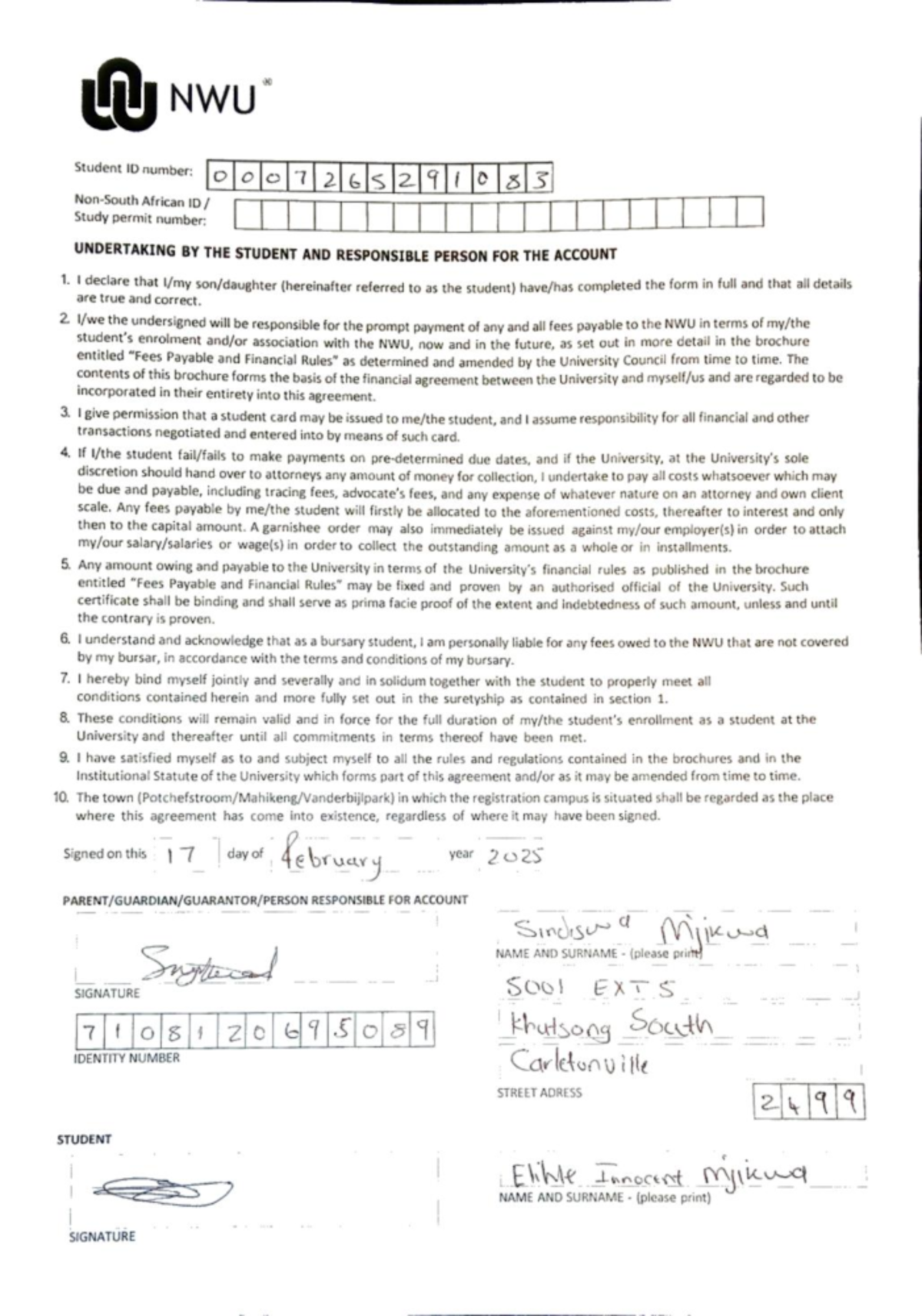 Undertaking Form for NWU Enrollment - Financial Responsibility ...