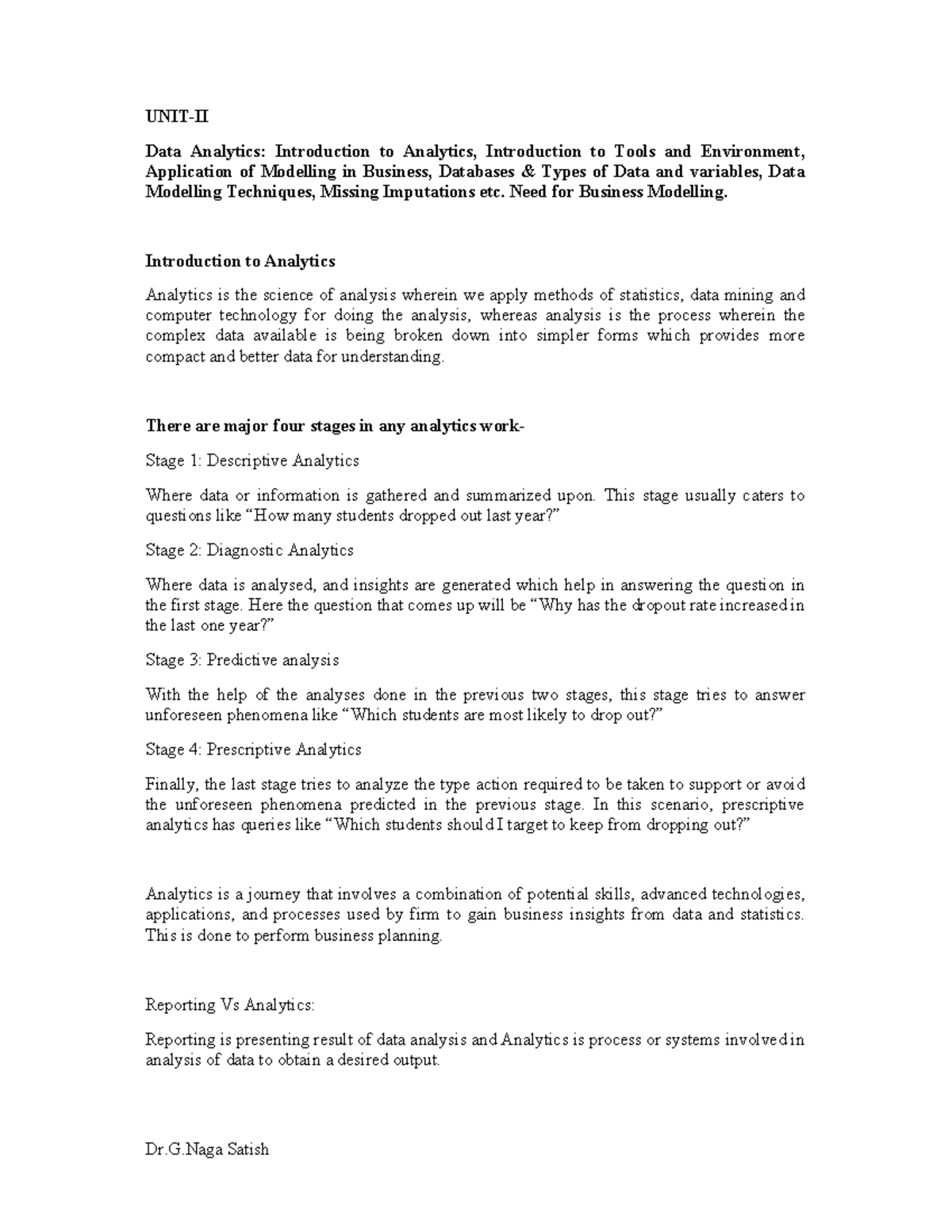 DATA Analytics - Unit II: Introduction to Analytics & Tools - Studocu