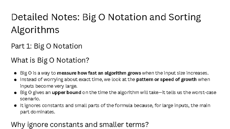 Big O Notation & Sorting Algorithms (CS101: Lecture Notes) - Studocu