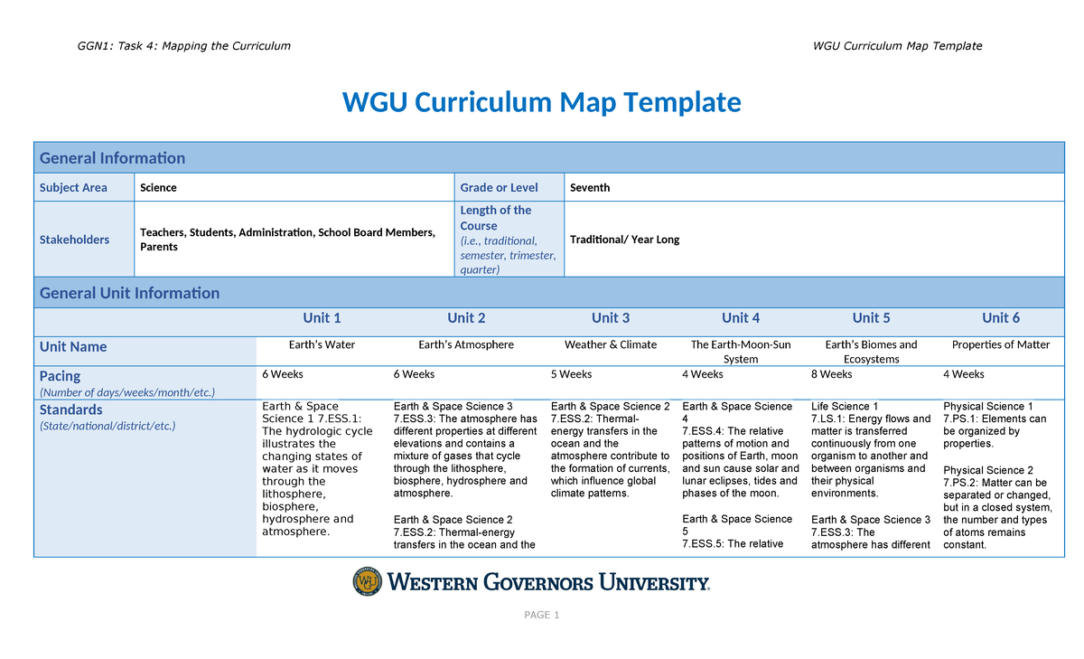 WGU 7th Grade Science Curriculum Map: Units & Standards Overview - Studocu