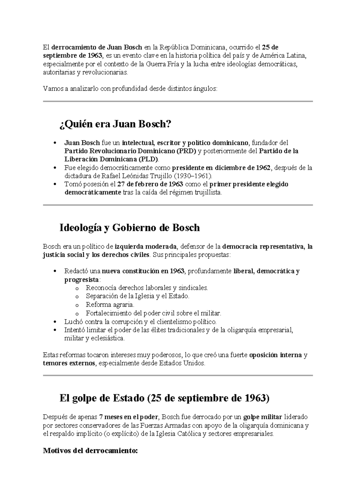 El derrocamiento de Juan Bosch en la RD: Análisis y Consecuencias - Studocu