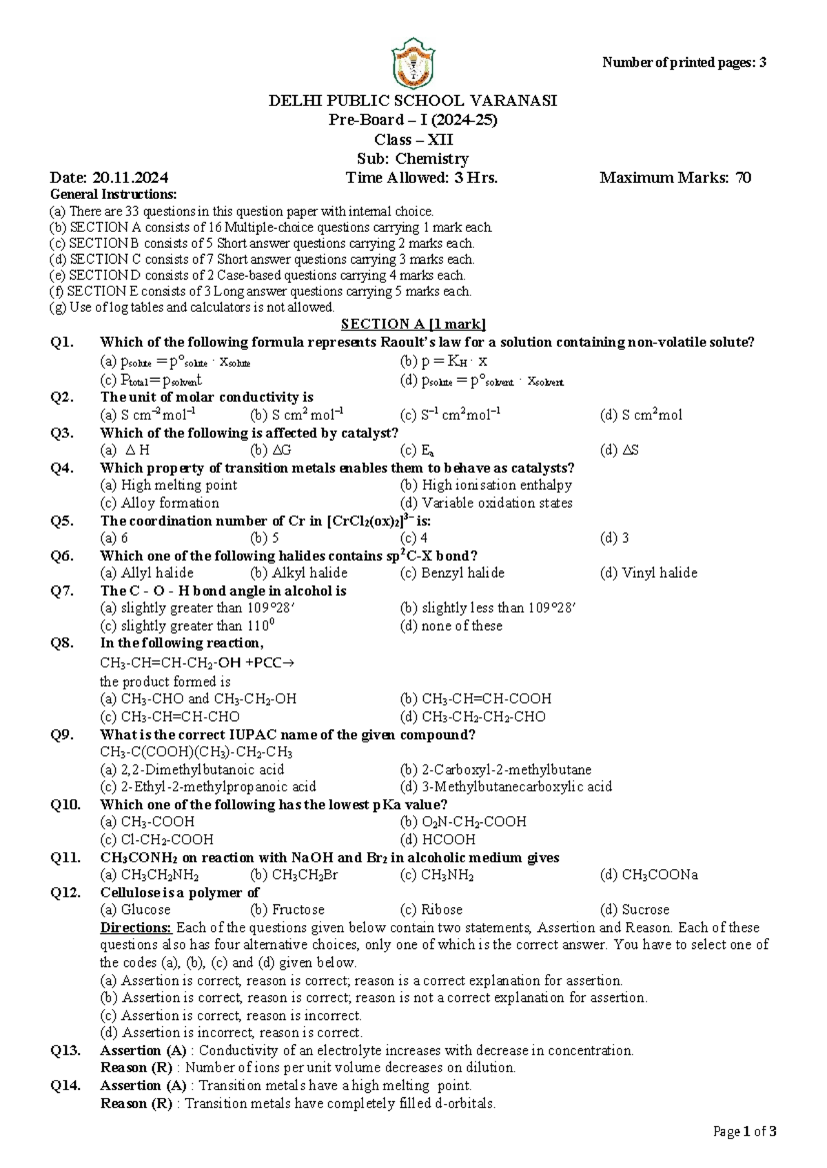 Class XII Chemistry PB1 Set A - Question Paper (70 Marks) - Studocu