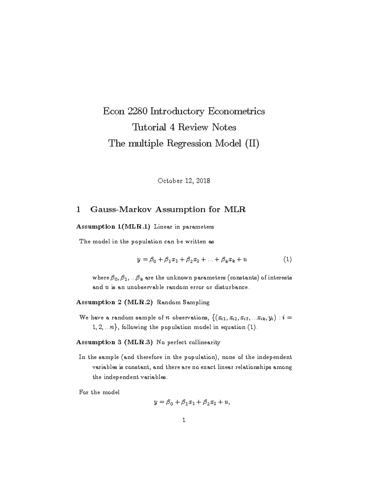 Tutorial 4 review notes - Econ 2280 Introductory Econometrics Tutorial ...