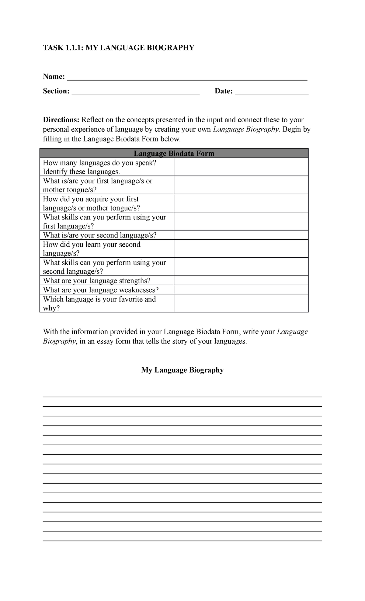 Pur Com - Lesson 1: My Language Biography Task Instructions - Studocu