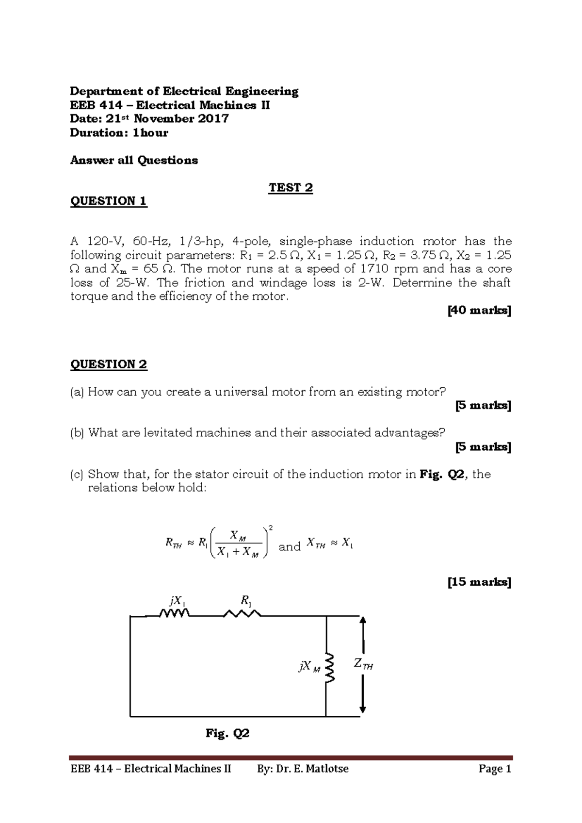 EEB 414 Electrical Machines II Test 2 Questions and Solutions - Studocu