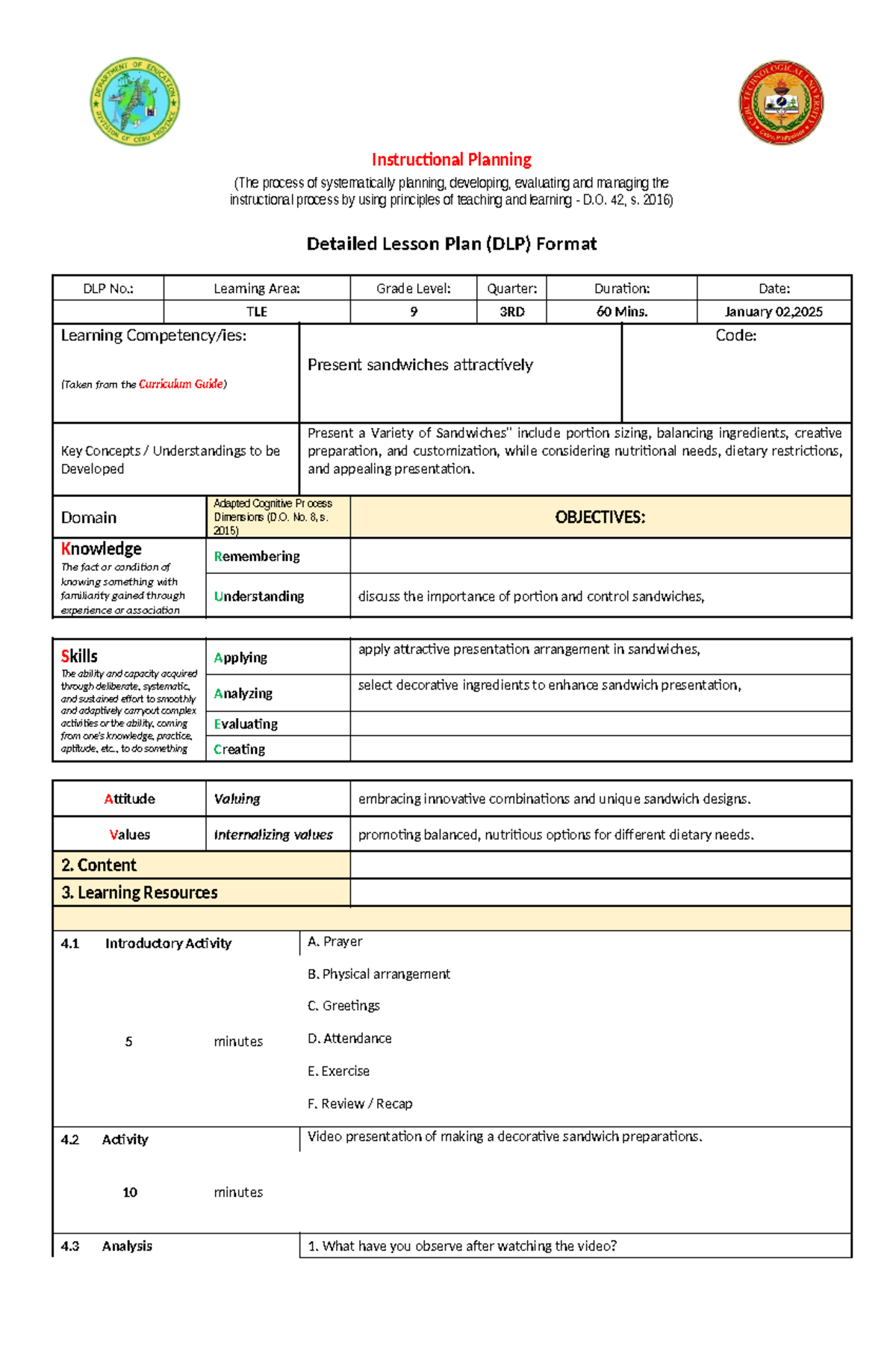 DLP- Blank - N/A - Instructional Planning (The process of ...